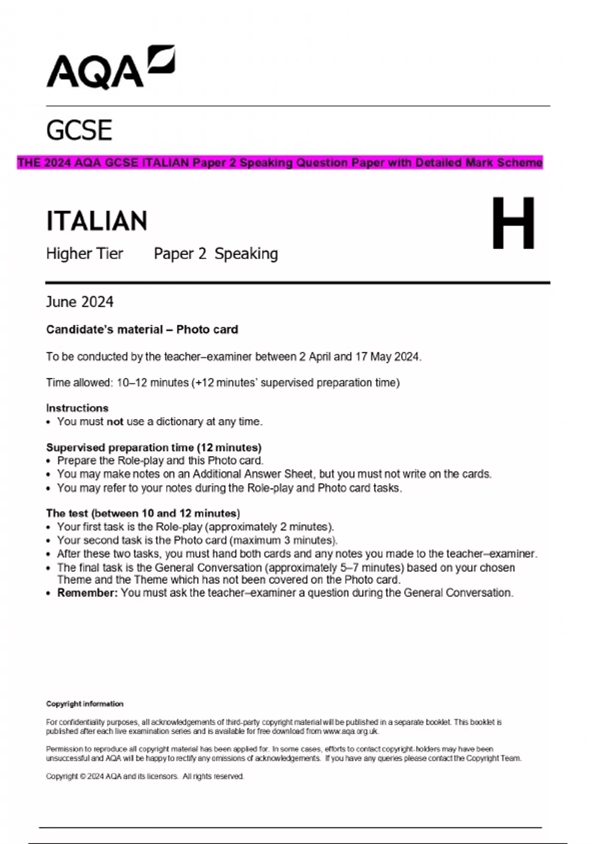THE 2024 AQA GCSE ITALIAN Paper 2 Speaking Question Paper with Detailed ...