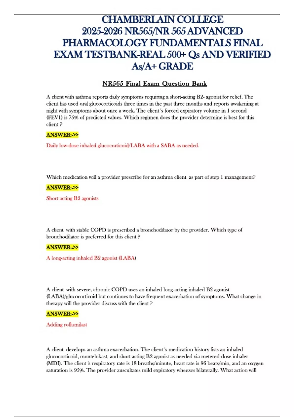 CHAMBERLAIN COLLEGE NR565/NR 565 ADVANCED PHARMACOLOGY FUNDAMENTALS ...