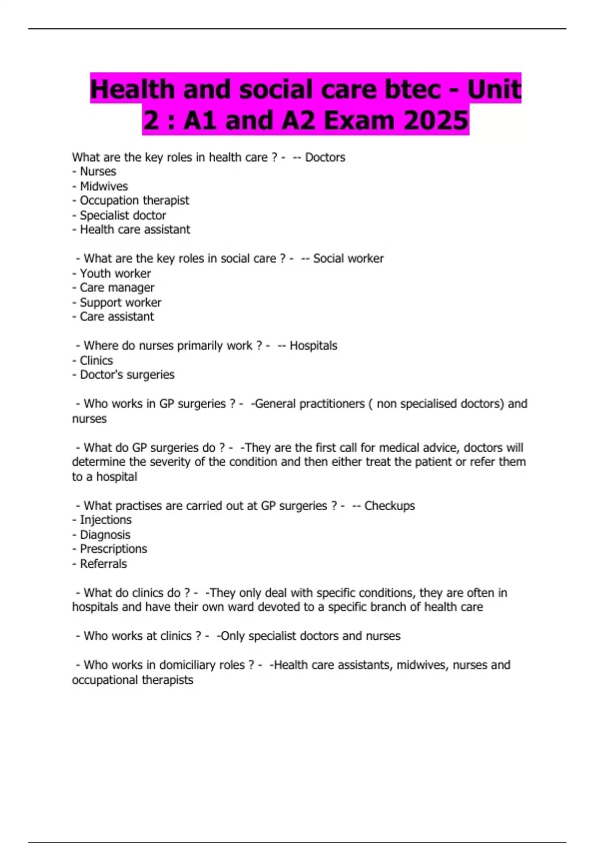 Health and social care btec - Unit 2 : A1 and A2 Exam 2025 - Health and social care btec - Unit ...