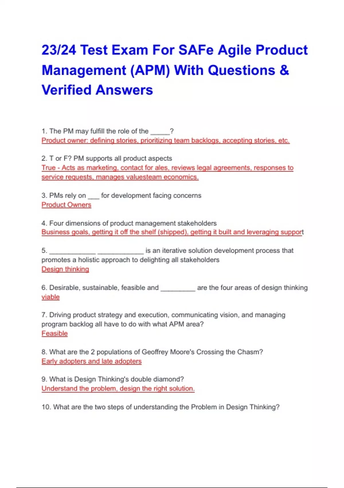 23 24 Test Exam For Safe Agile Product Management Apm With Questions And Verified Answers Safe