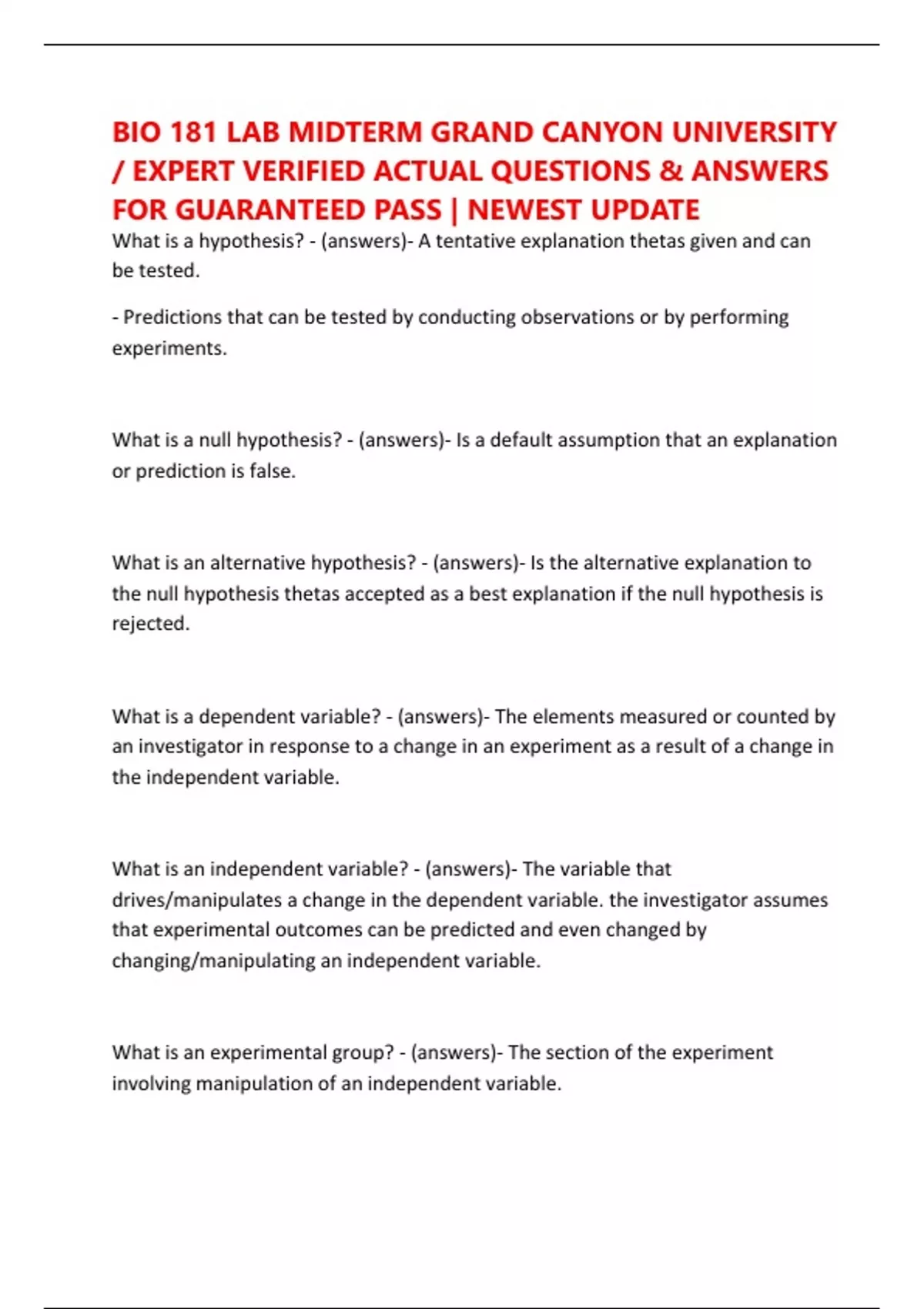 Bio 181 Exam 1 / BIO 181 QUIZ 1 GRAND CANYON UNIVERSITY / BIO 181 LAB MIDTERM GRAND CANYON ...