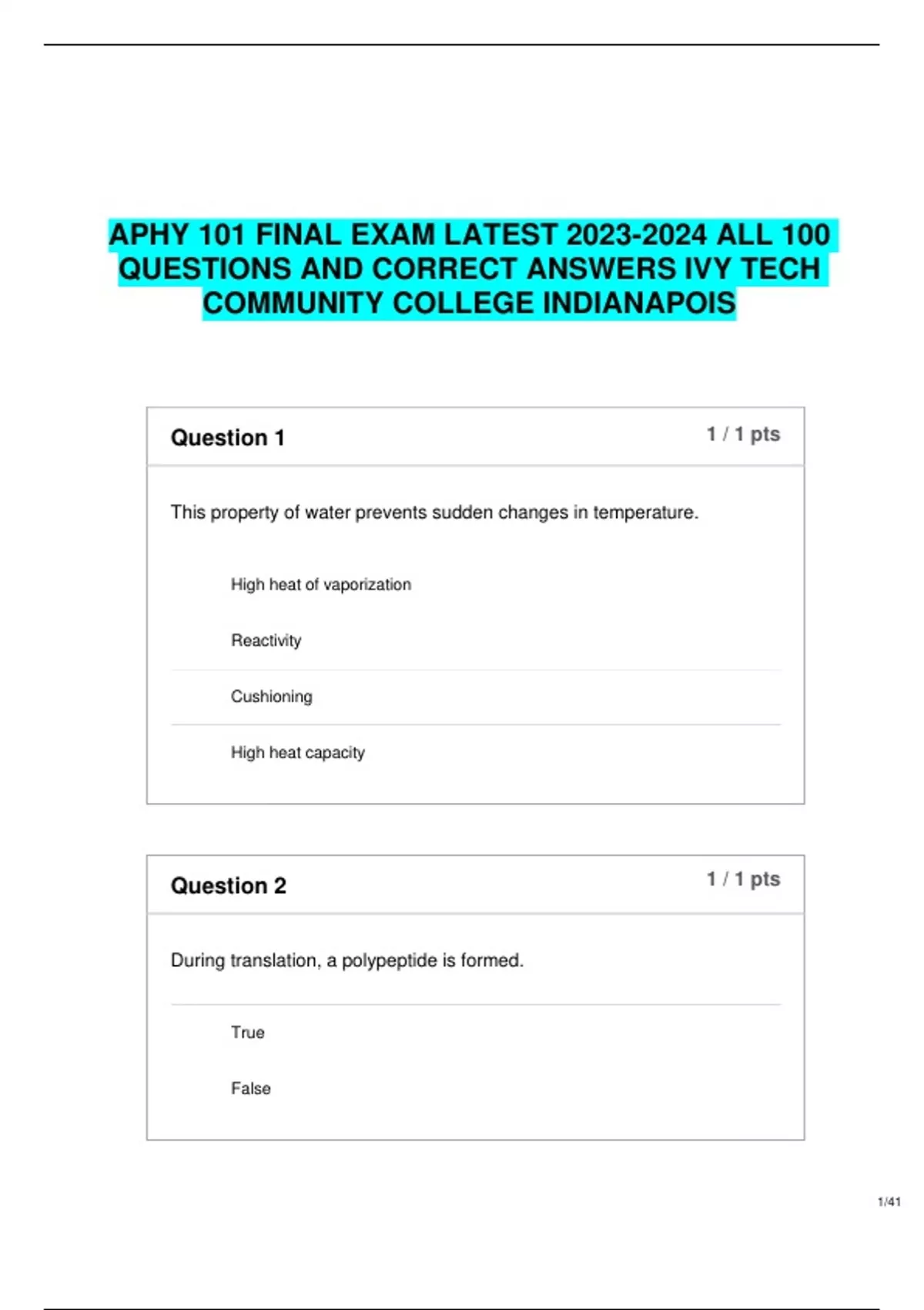 APHY 101 FINAL EXAM Actual Complete Set ALL 100 QUESTIONS AND CORRECT ...