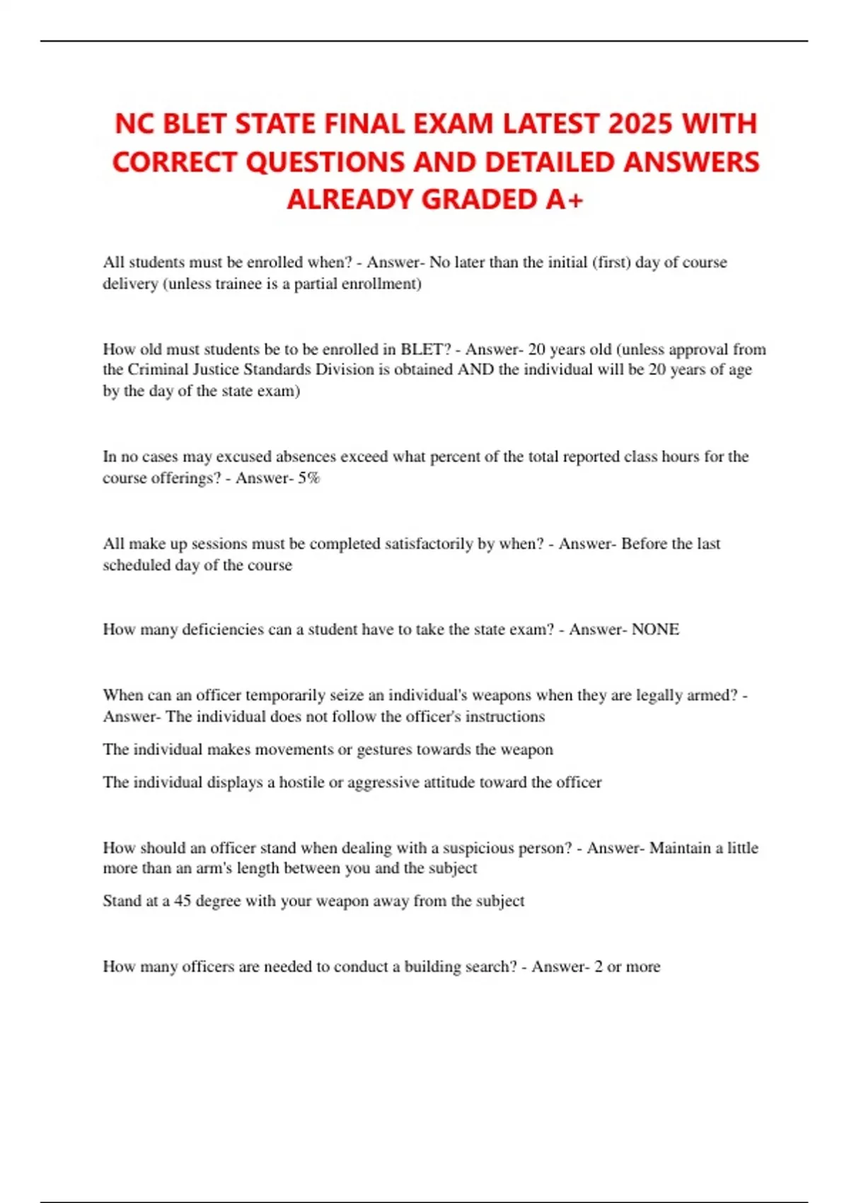 NC BLET STATE FINAL EXAM LATEST 2025 WITH CORRECT QUESTIONS AND ...