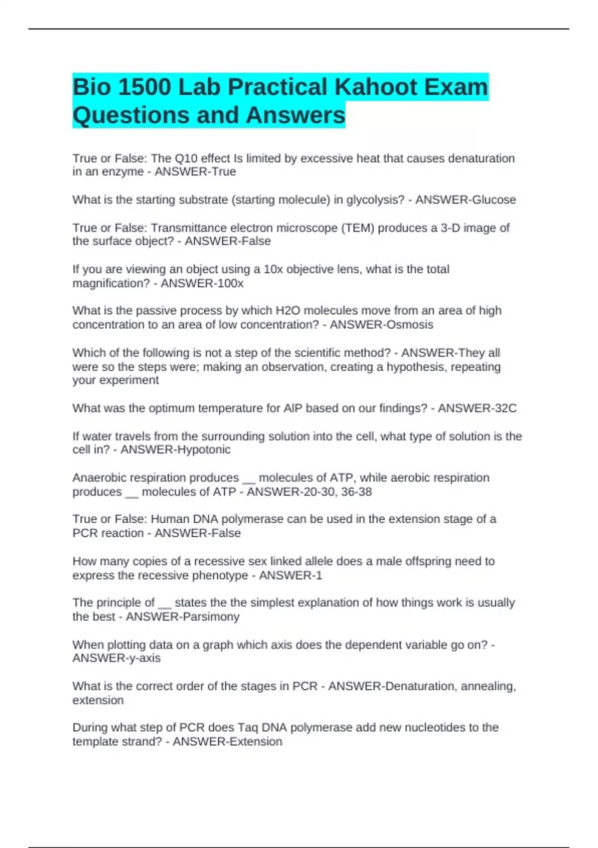 Bio 1500 Lab Practical Kahoot Exam Questions and Answers - BIOLOGY 1500 ...