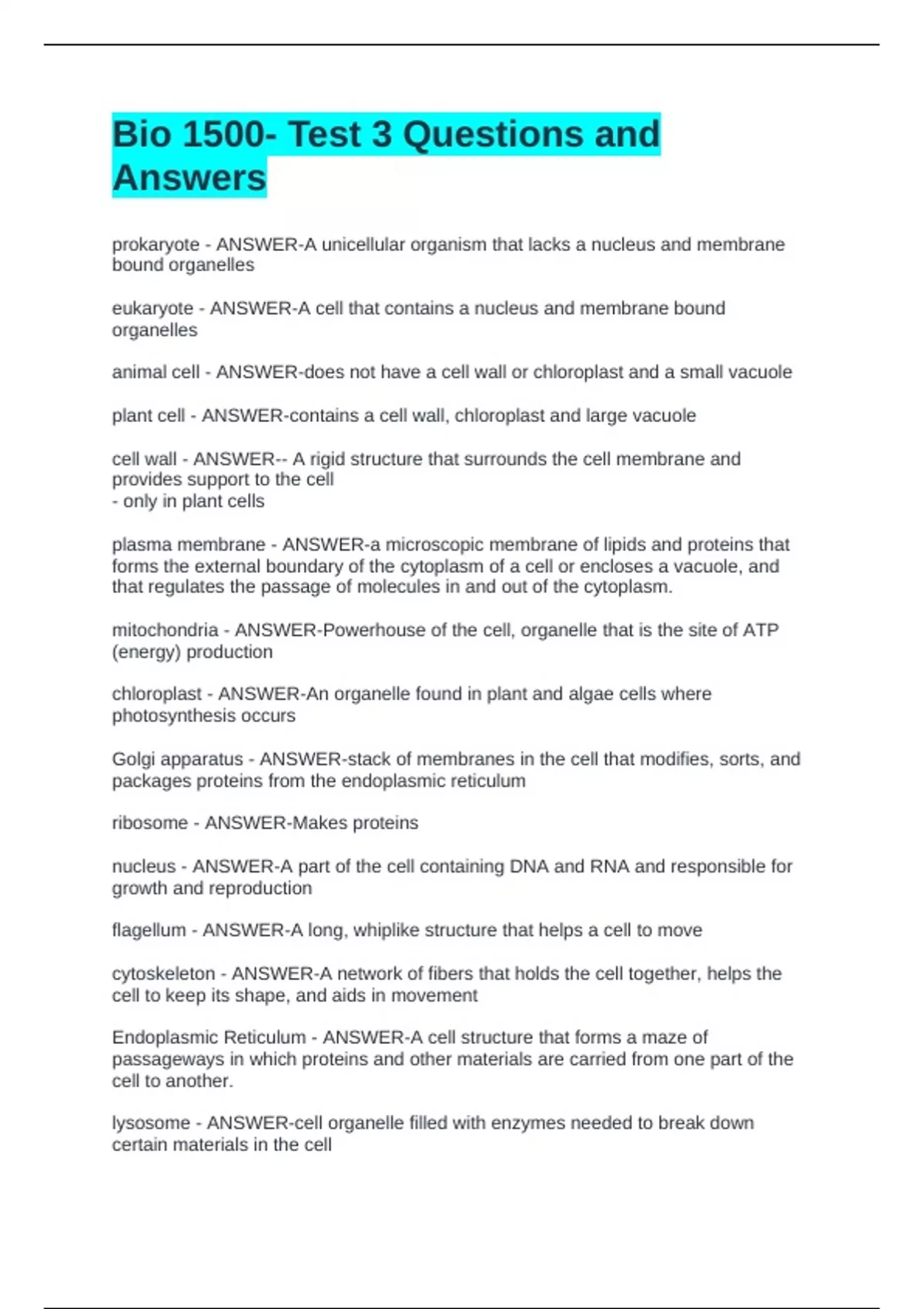 Bio 1500- Test 3 Questions and Answers - BIOLOGY 1500 - Stuvia US