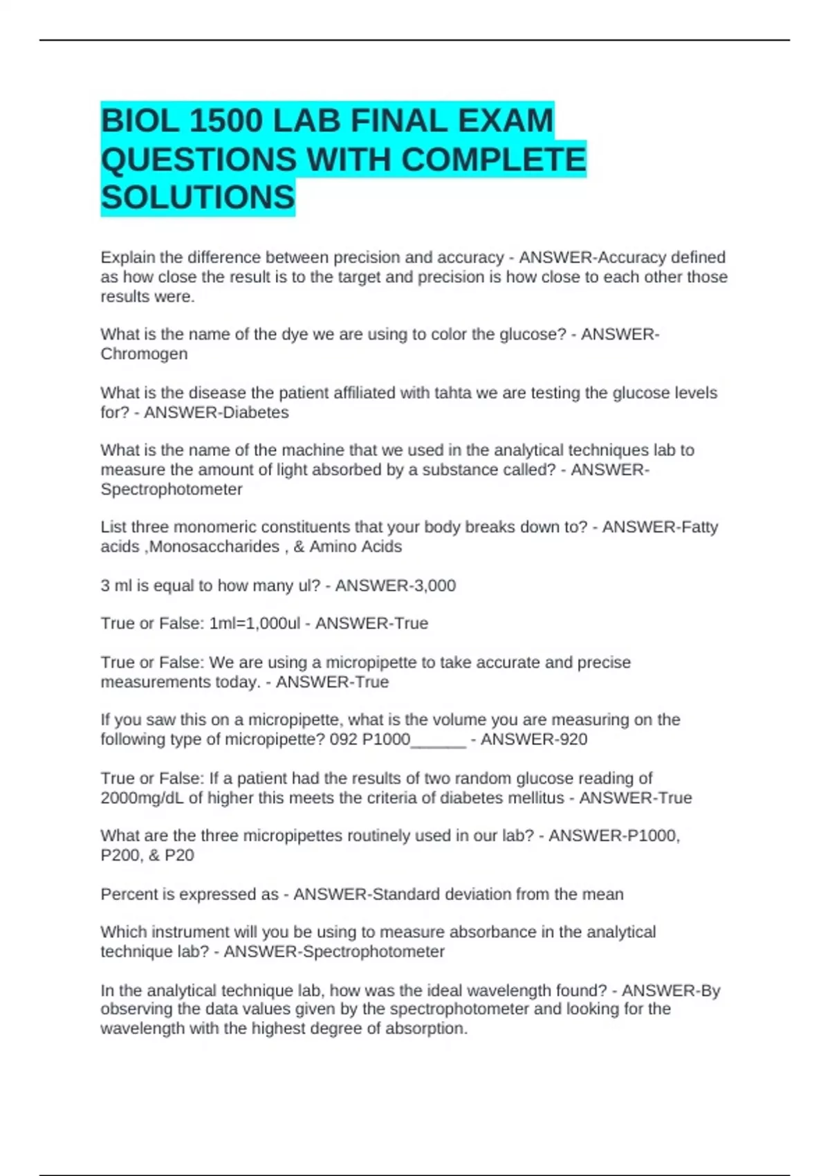 BIOL 1500 LAB FINAL EXAM QUESTIONS WITH COMPLETE SOLUTIONS - BIOLOGY ...