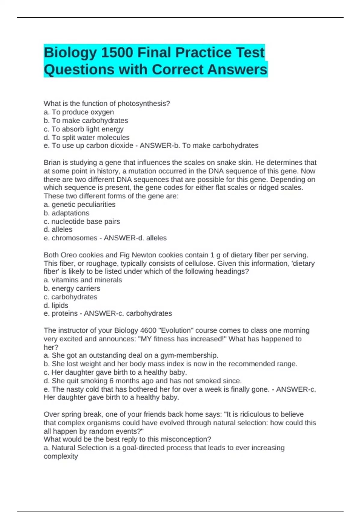 Biology 1500 Final Practice Test Questions with Correct Answers ...