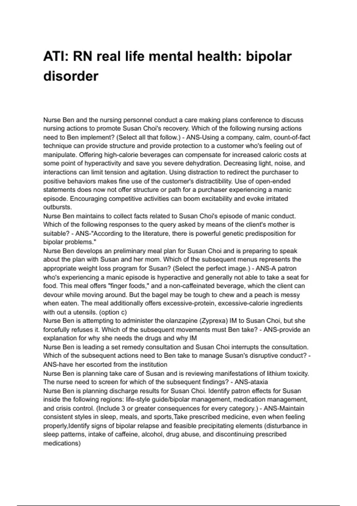 ATI: RN real life mental health: bipolar disorder QUESTIONS WITH ...