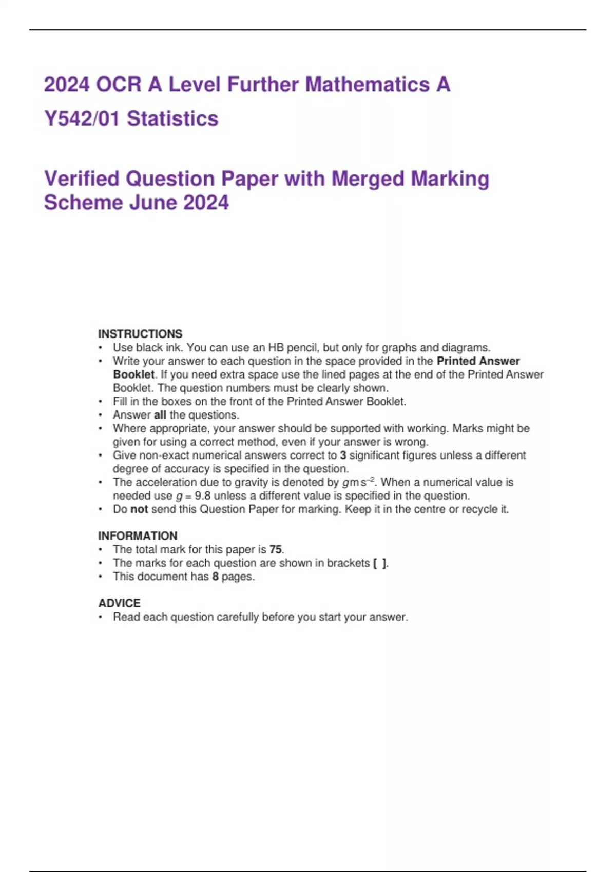 2024 OCR A Level Further Mathematics A Y542/01 Statistics Verified ...