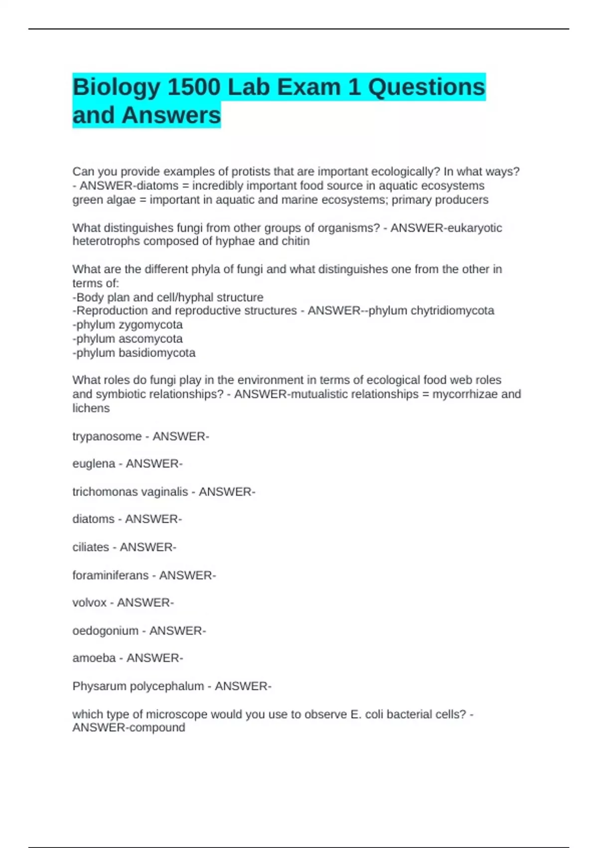 Biology 1500 Lab Exam 1 Questions and Answers - BIOLOGY 1500 - Stuvia US