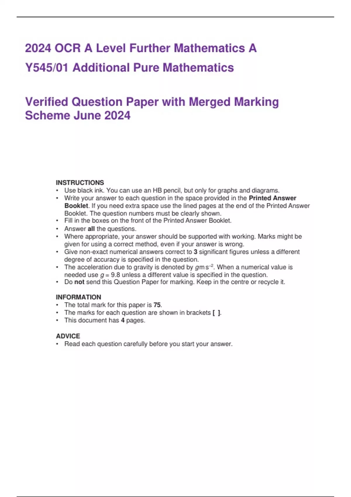 2024 OCR A Level Further Mathematics A Y545/01 Additional Pure ...