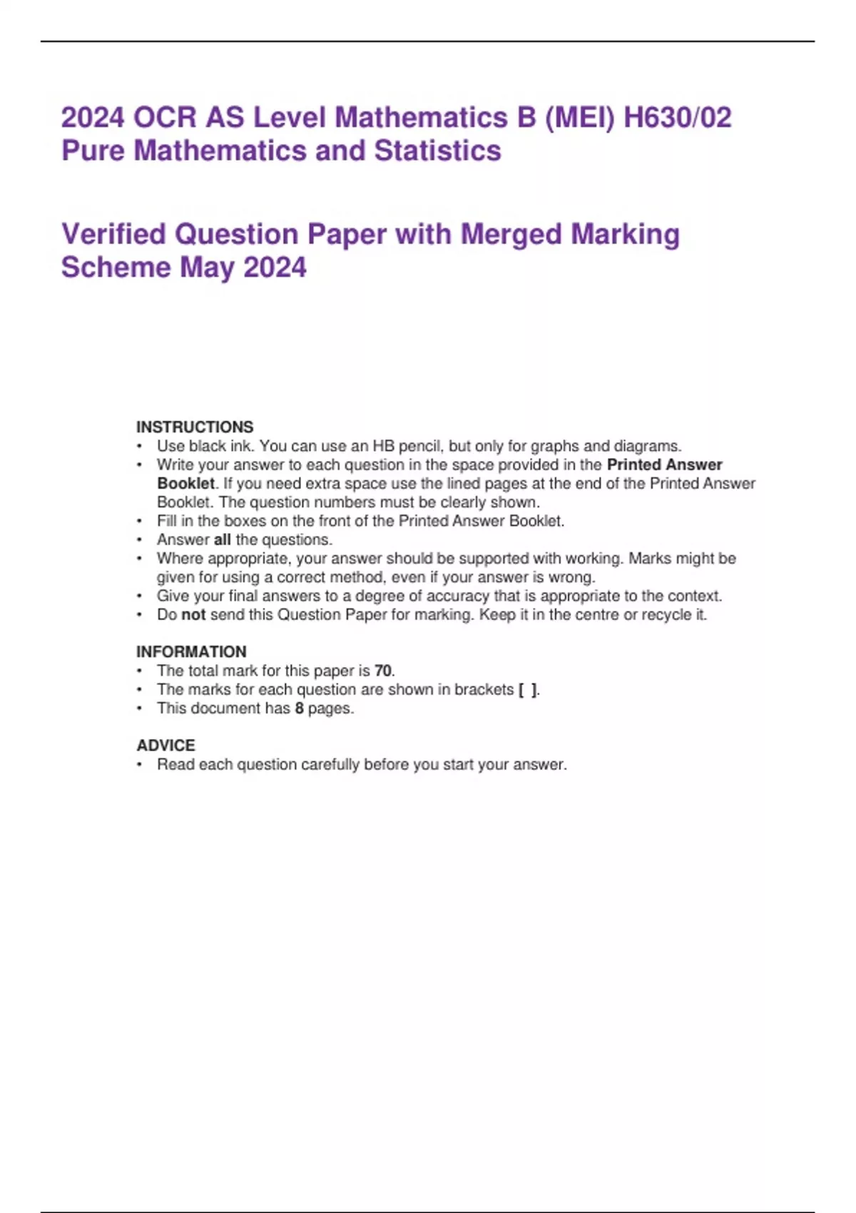 2024 OCR AS Level Mathematics B (MEI) H630/02 Pure Mathematics and ...