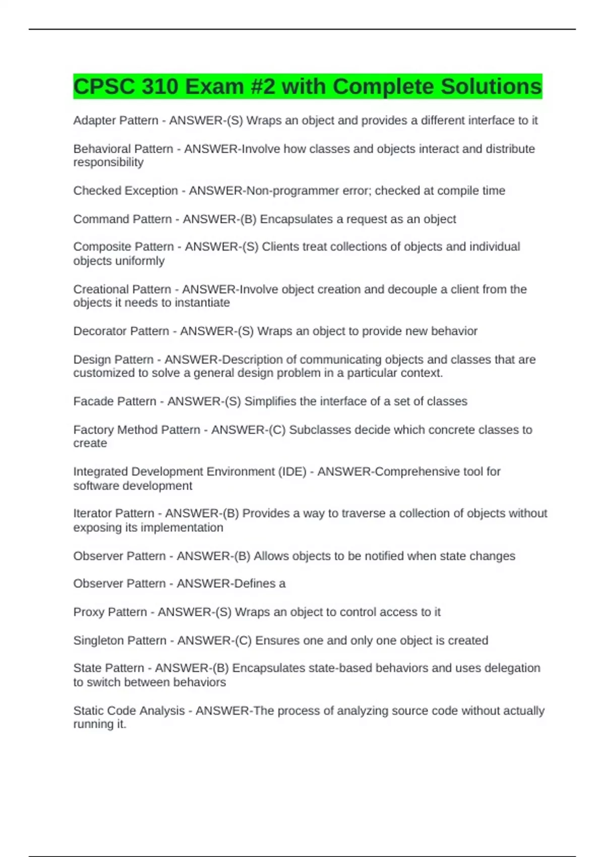 CPSC 310 Exam #2 with Complete Solutions - CPSC - Stuvia US