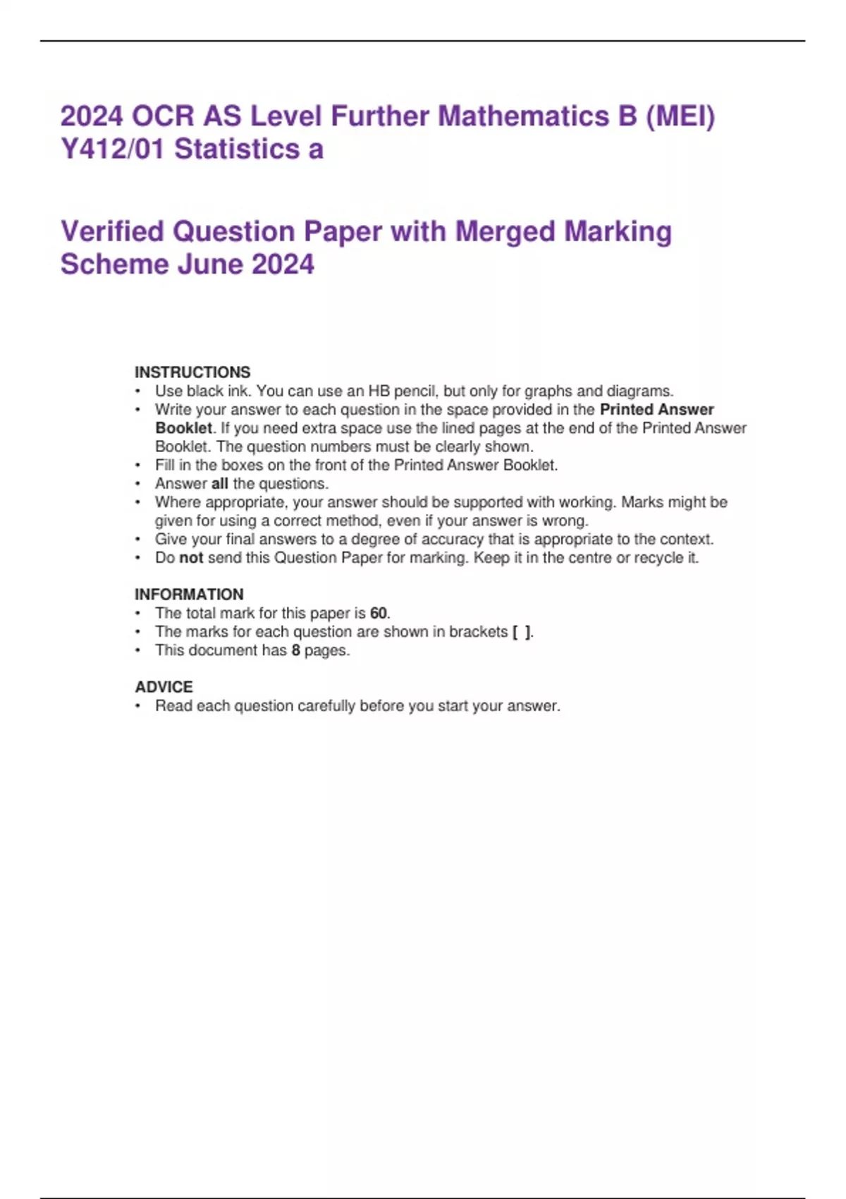 2024 OCR AS Level Further Mathematics B (MEI) Y412/01 Statistics a ...