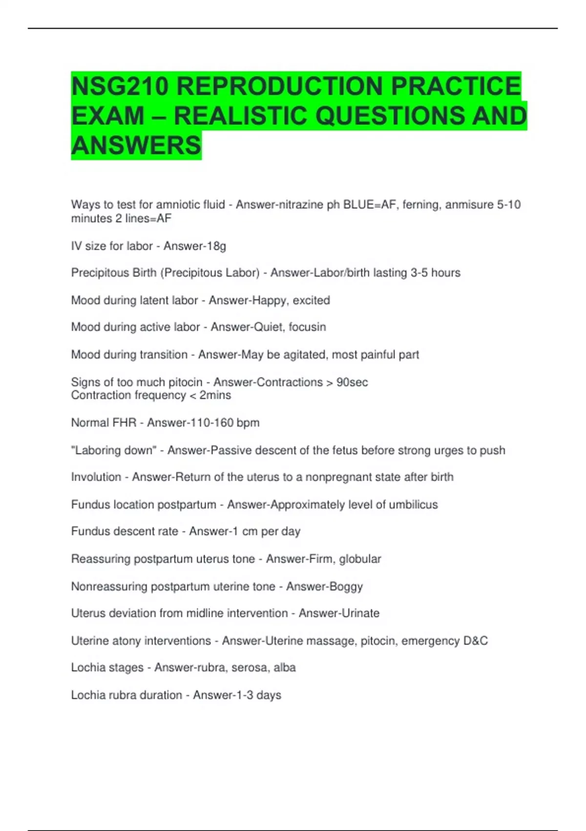 NSG210 REPRODUCTION PRACTICE EXAM – REALISTIC QUESTIONS AND ANSWERS ...