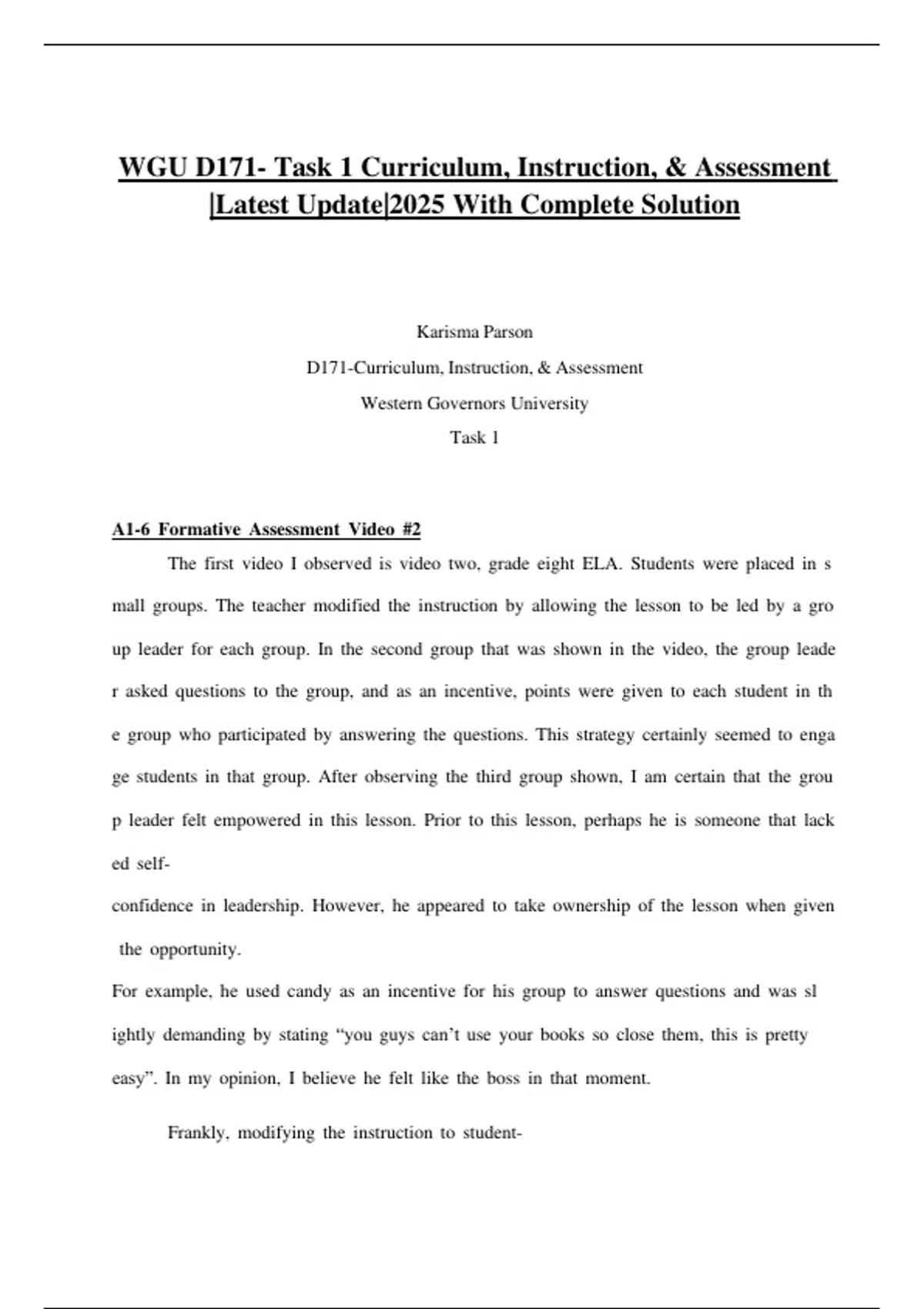 WGU D171- Task 1 Curriculum, Instruction, & Assessment |Latest Update ...