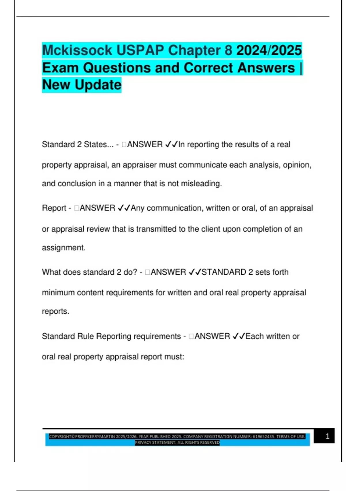 Mckissock USPAP Chapter 8 2024/2025 Exam Questions and Correct Answers ...