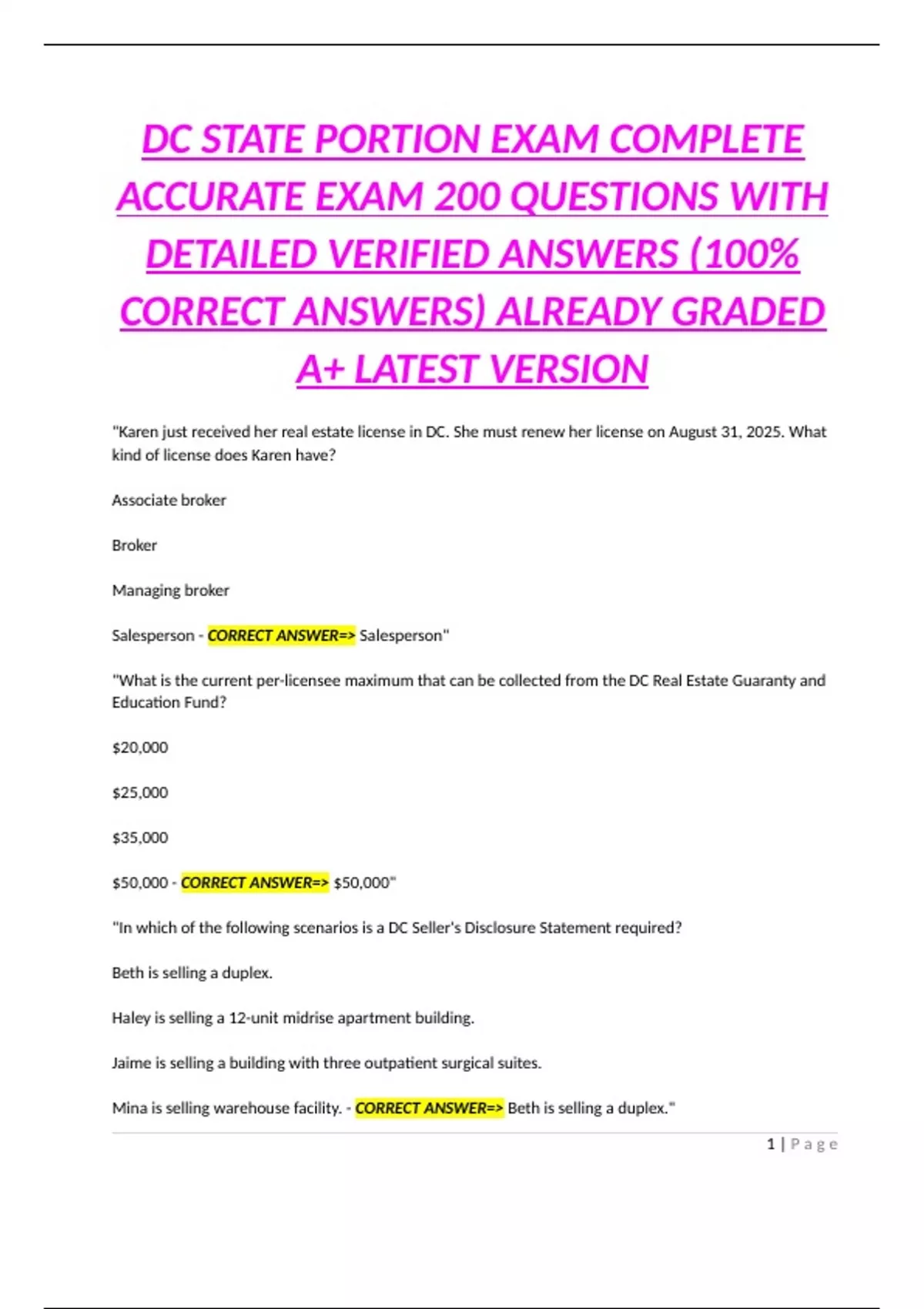 DC STATE PORTION EXAM COMPLETE ACCURATE EXAM 200 QUESTIONS WITH ...