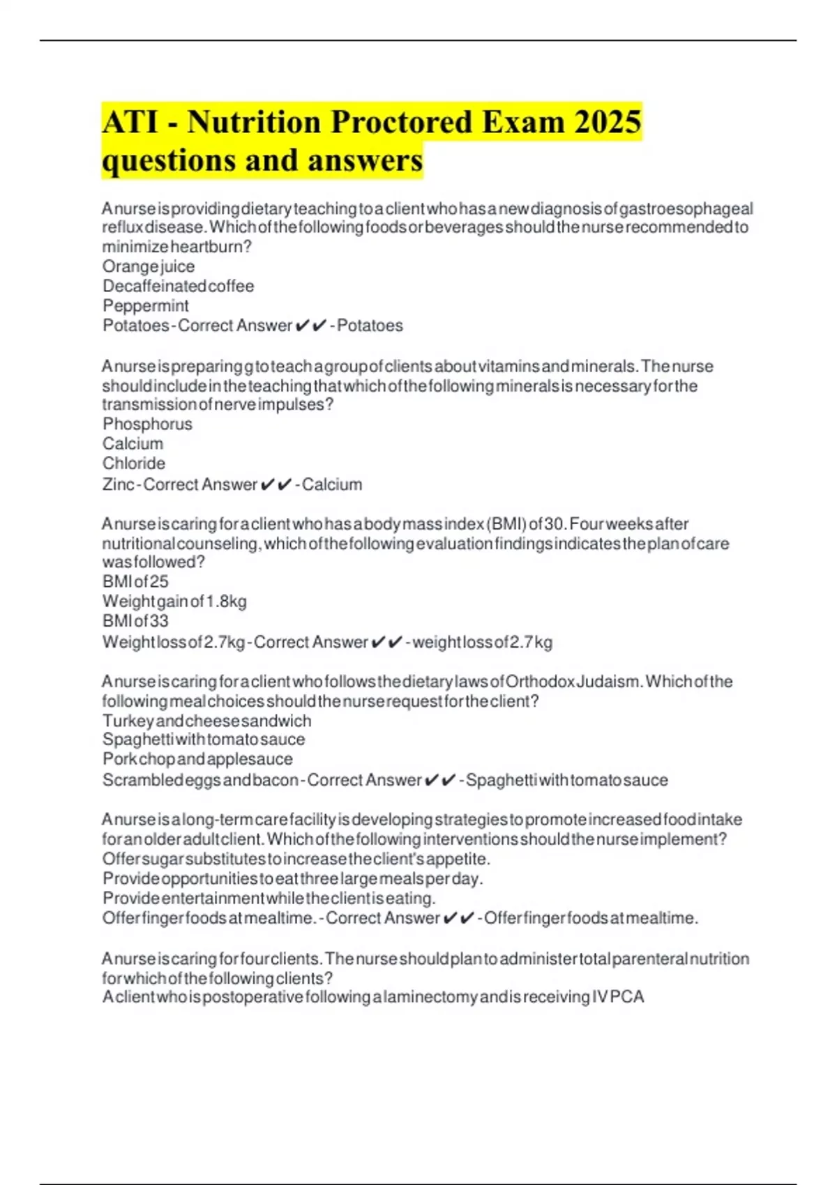 ATI - Nutrition Proctored Exam 2025 questions and answers - ATI ...