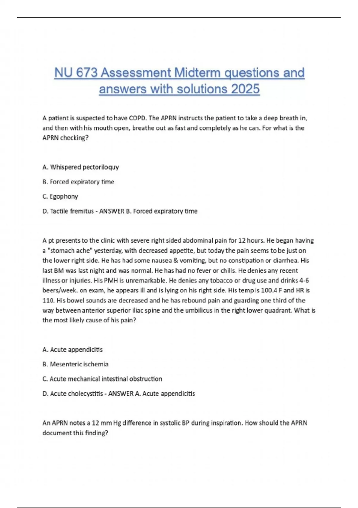 NU 673 Assessment Midterm questions and answers with solutions 2025 ...