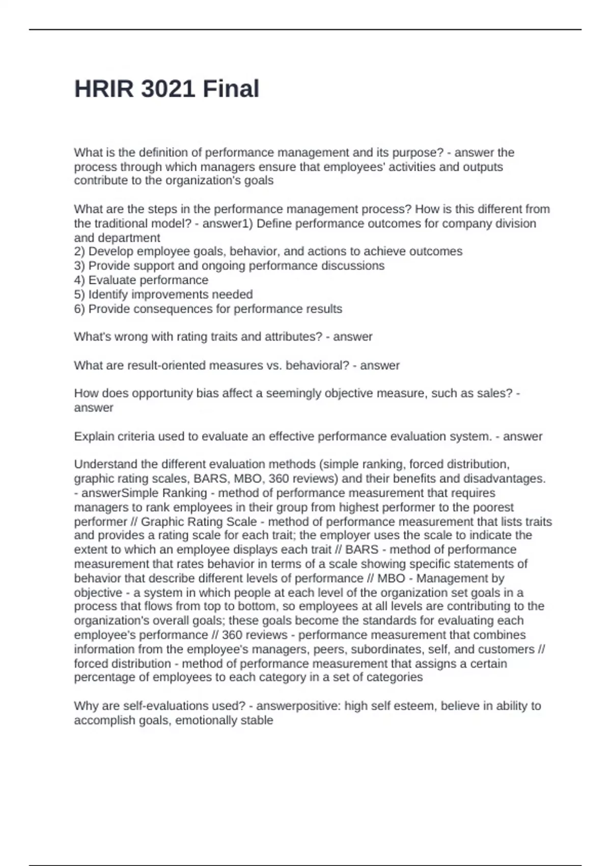 HRIR 3021 Final Questions and Answers 2025 - HRIR 3021 - Stuvia US