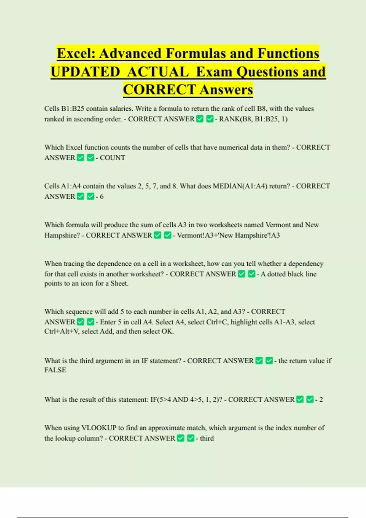 Excel: Advanced Formulas and Functions UPDATED ACTUAL Exam Questions and CORRECT Answers ...