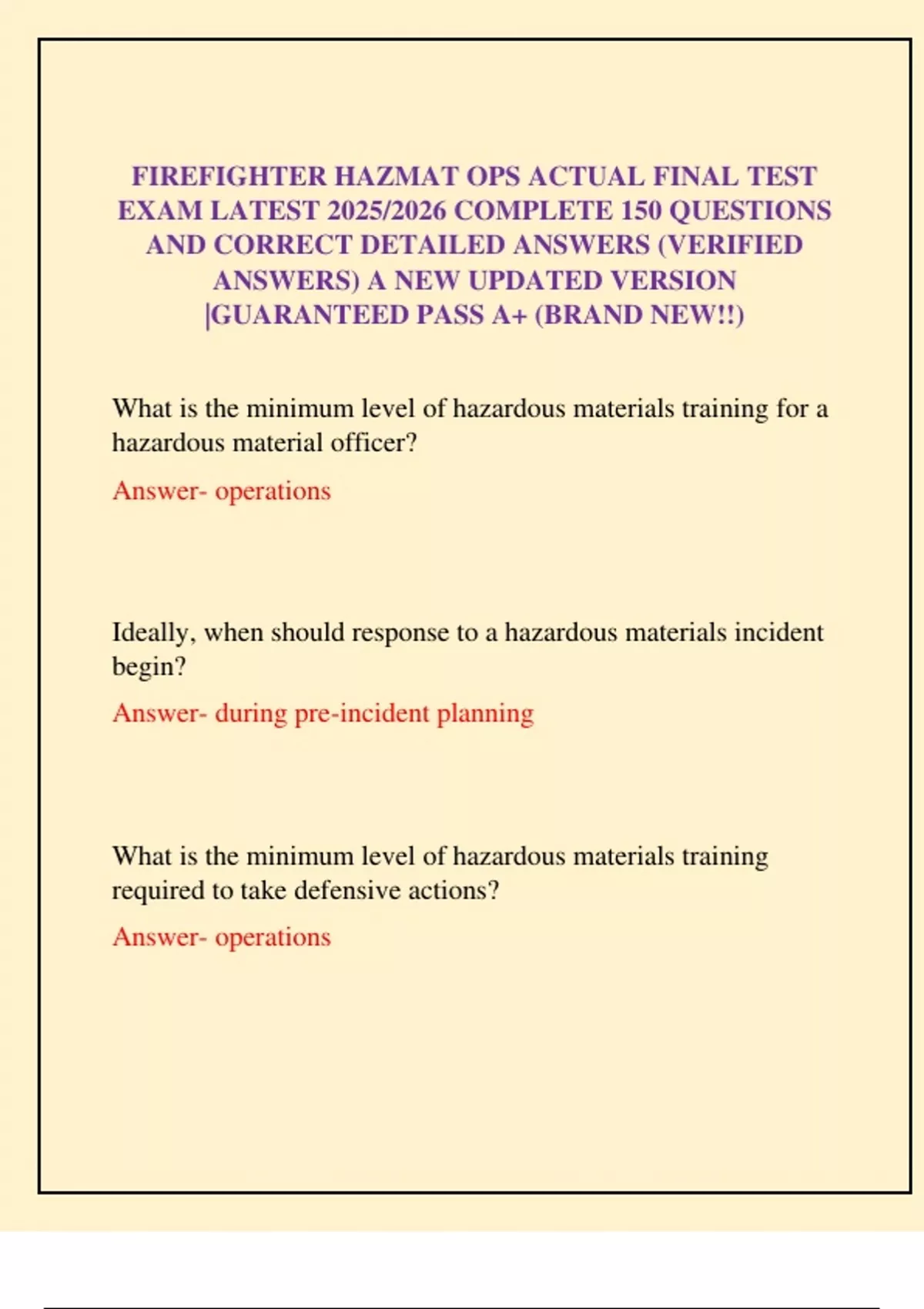 FIREFIGHTER HAZMAT OPS ACTUAL FINAL TEST EXAM LATEST 2025/2026 COMPLETE ...