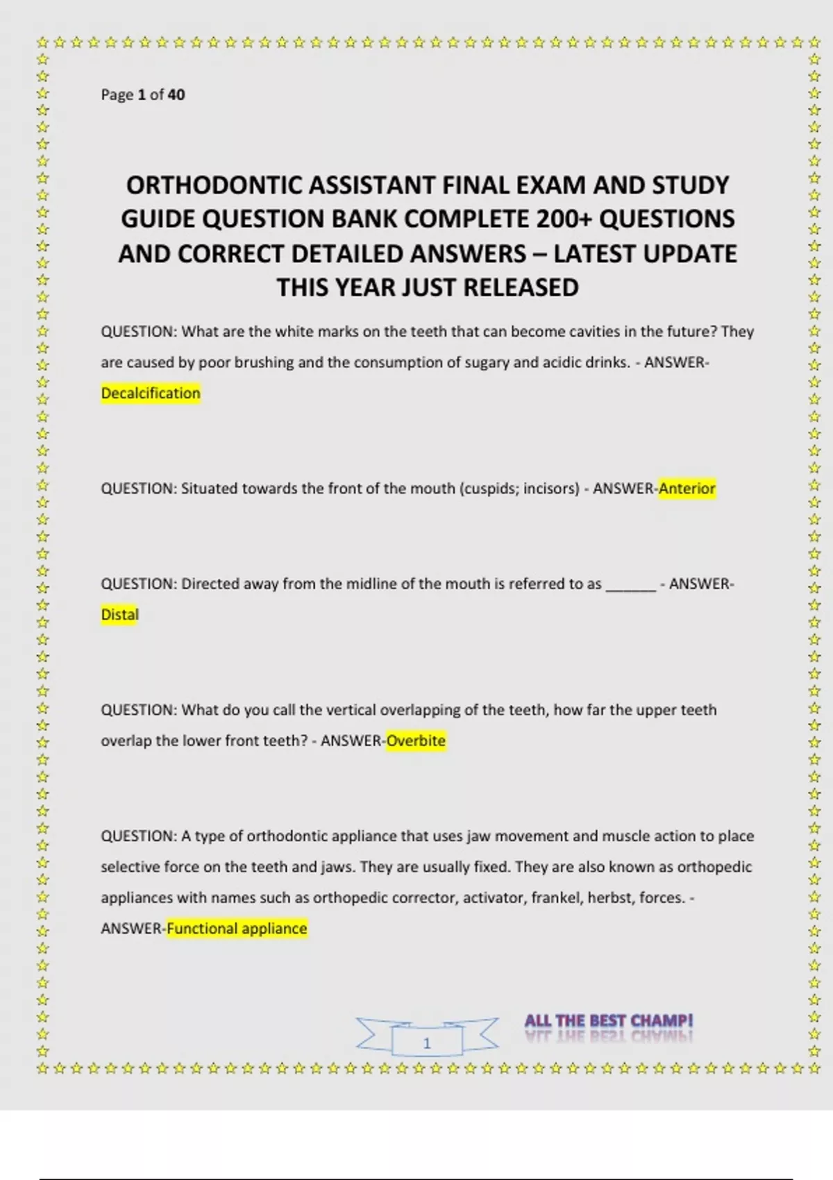 ORTHODONTIC ASSISTANT FINAL EXAM AND STUDY GUIDE QUESTION BANK COMPLETE ...