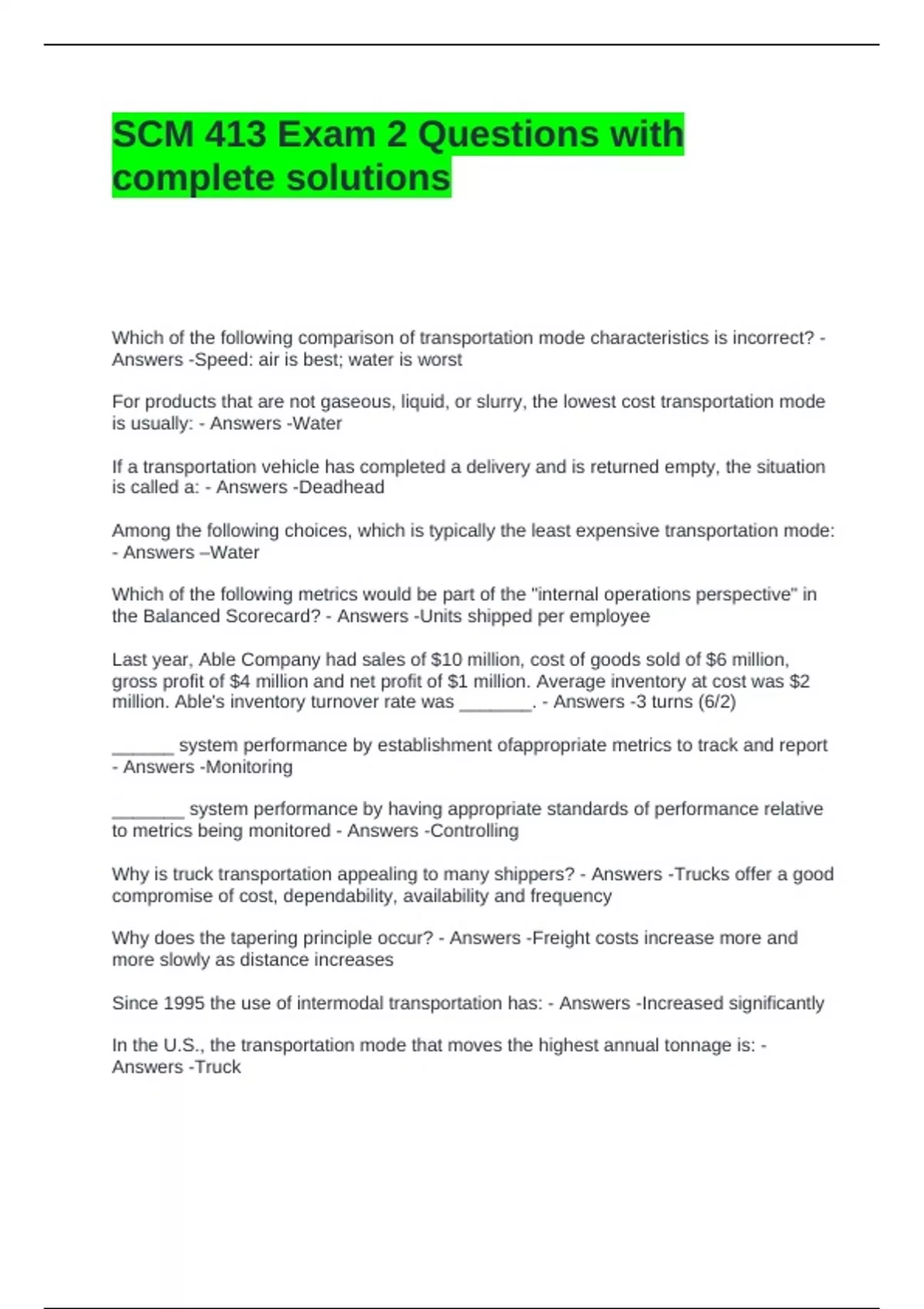 Scm 413 Exam 2 Questions With Complete Solutions Scm 413 Stuvia Uk