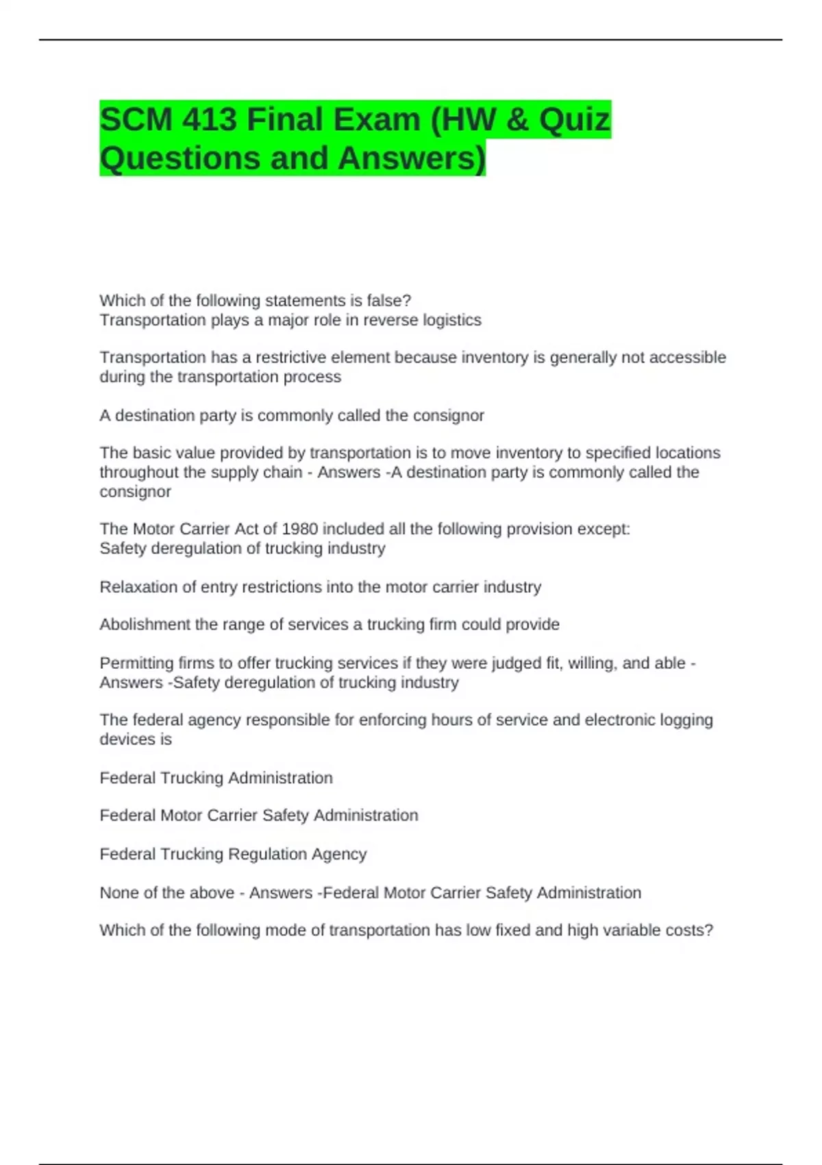 SCM 413 Final Exam (HW & Quiz Questions and Answers) - SCM 413 - Stuvia US