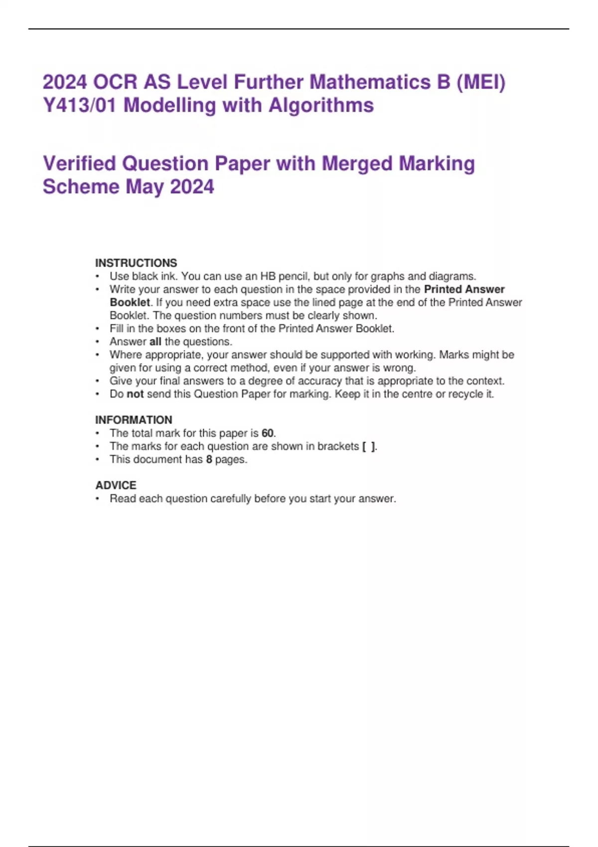 2024 OCR AS Level Further Mathematics B (MEI) Y413/01 Modelling with Algorithms Verified ...