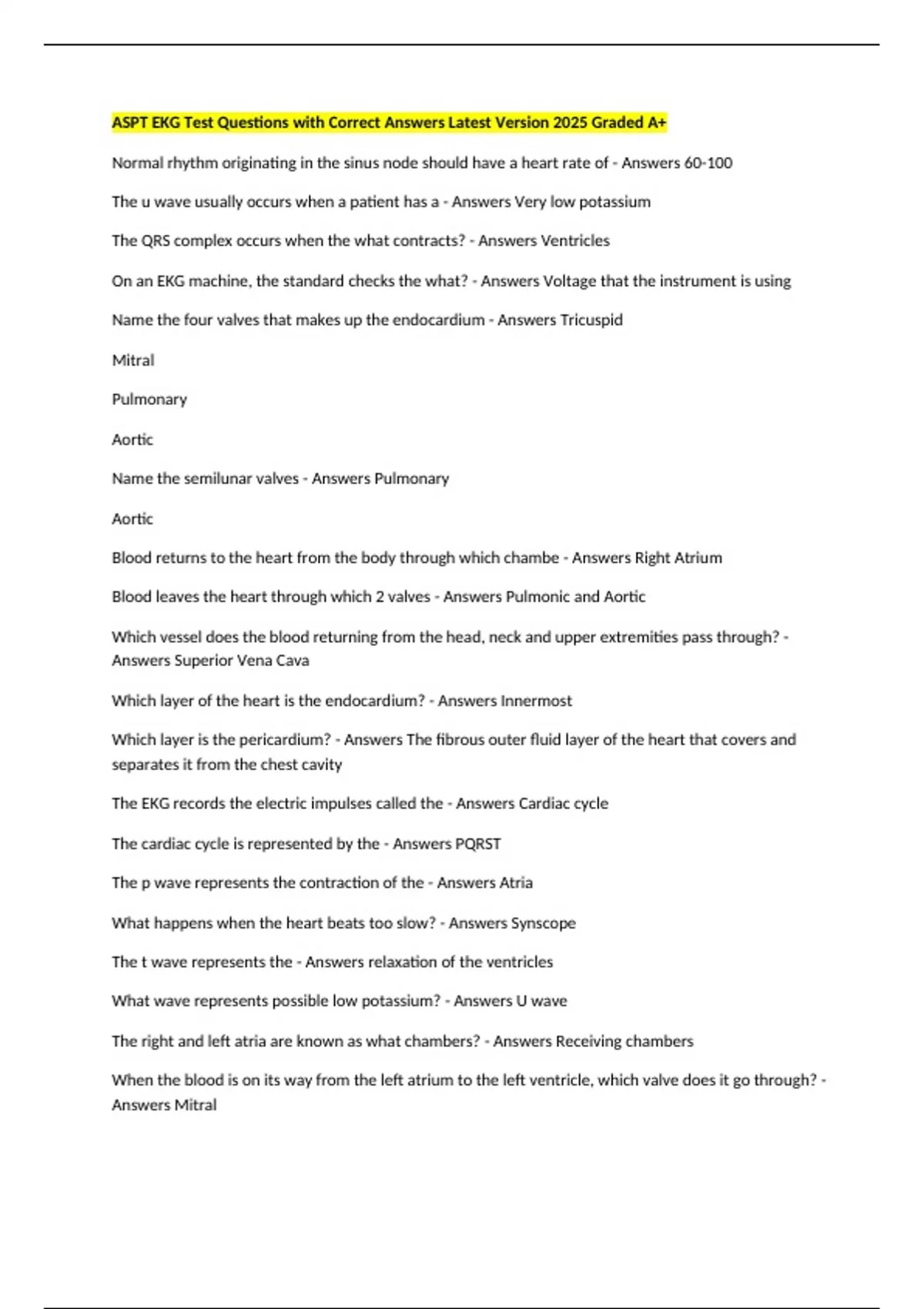 ASPT EKG Test Questions with Correct Answers Latest Version 2025 Graded ...