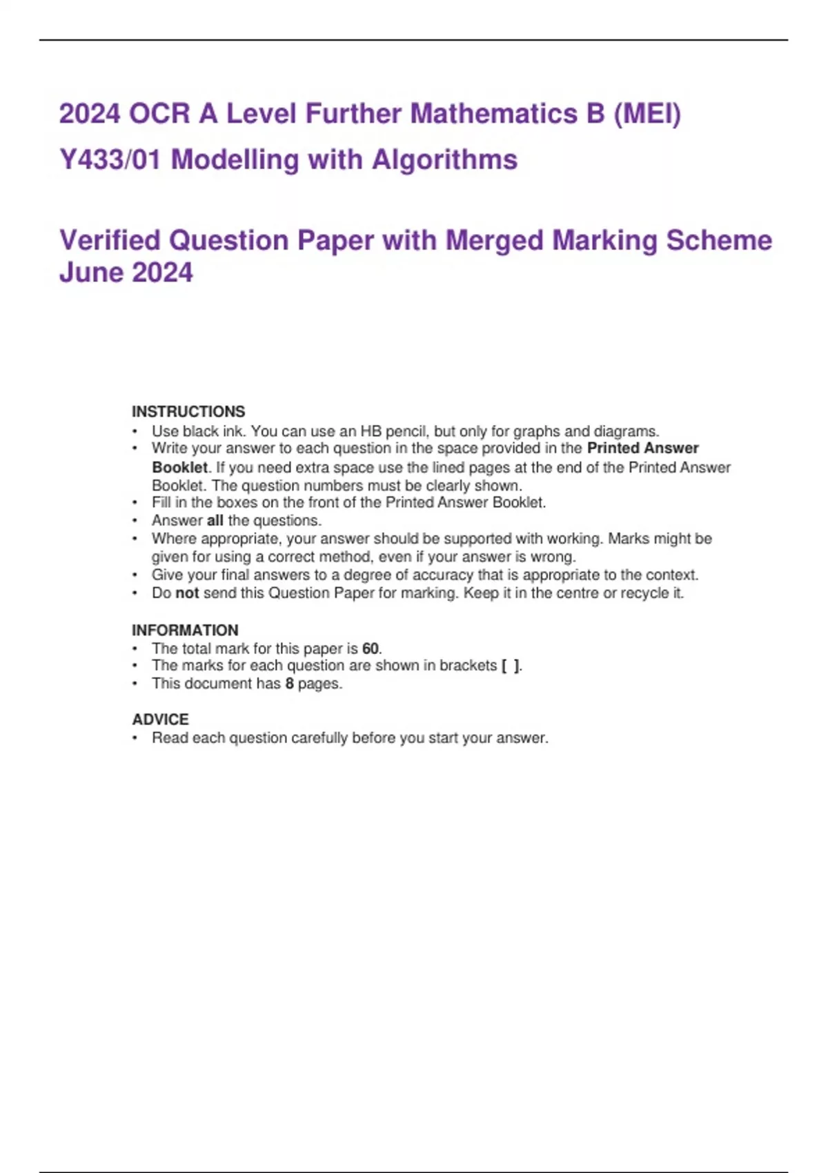 2024 OCR A Level Further Mathematics B (MEI) Y433/01 Modelling with Algorithms Verified Question ...