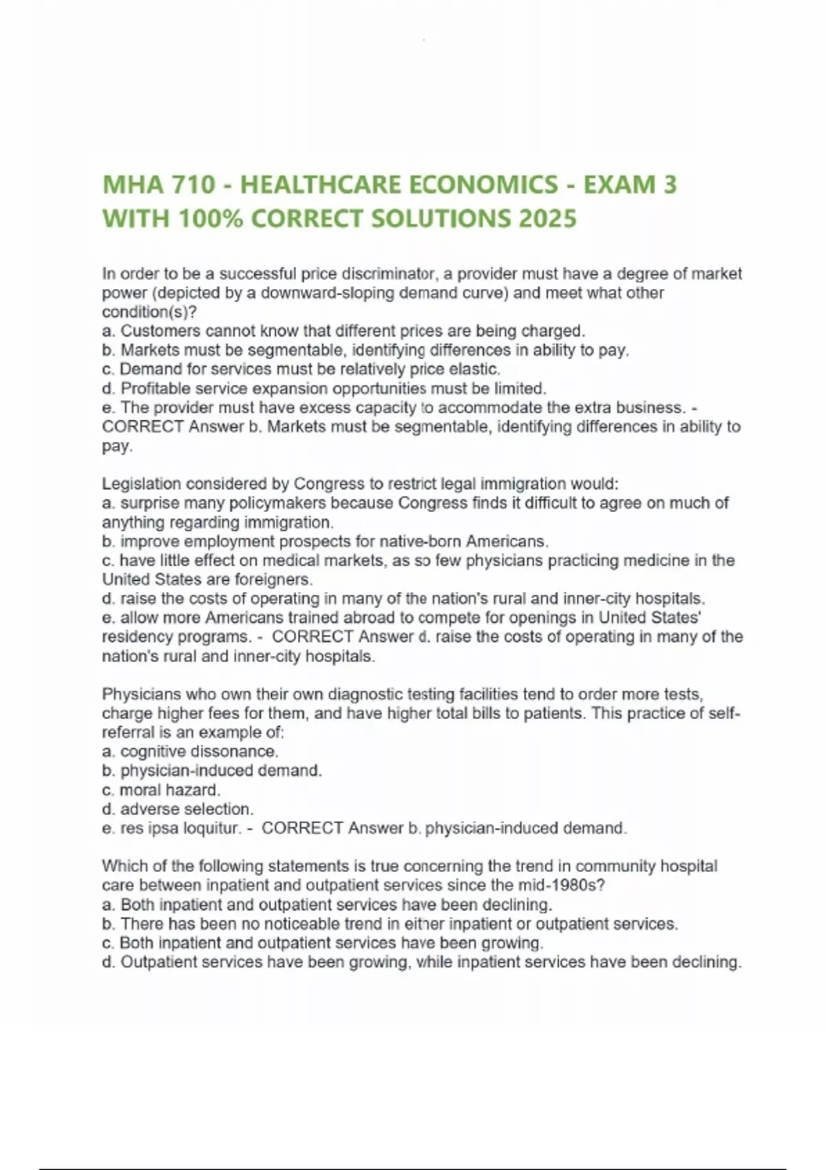 MHA 710 - HEALTHCARE ECONOMICS - EXAM 3 WITH 100% CORRECT SOLUTIONS ...
