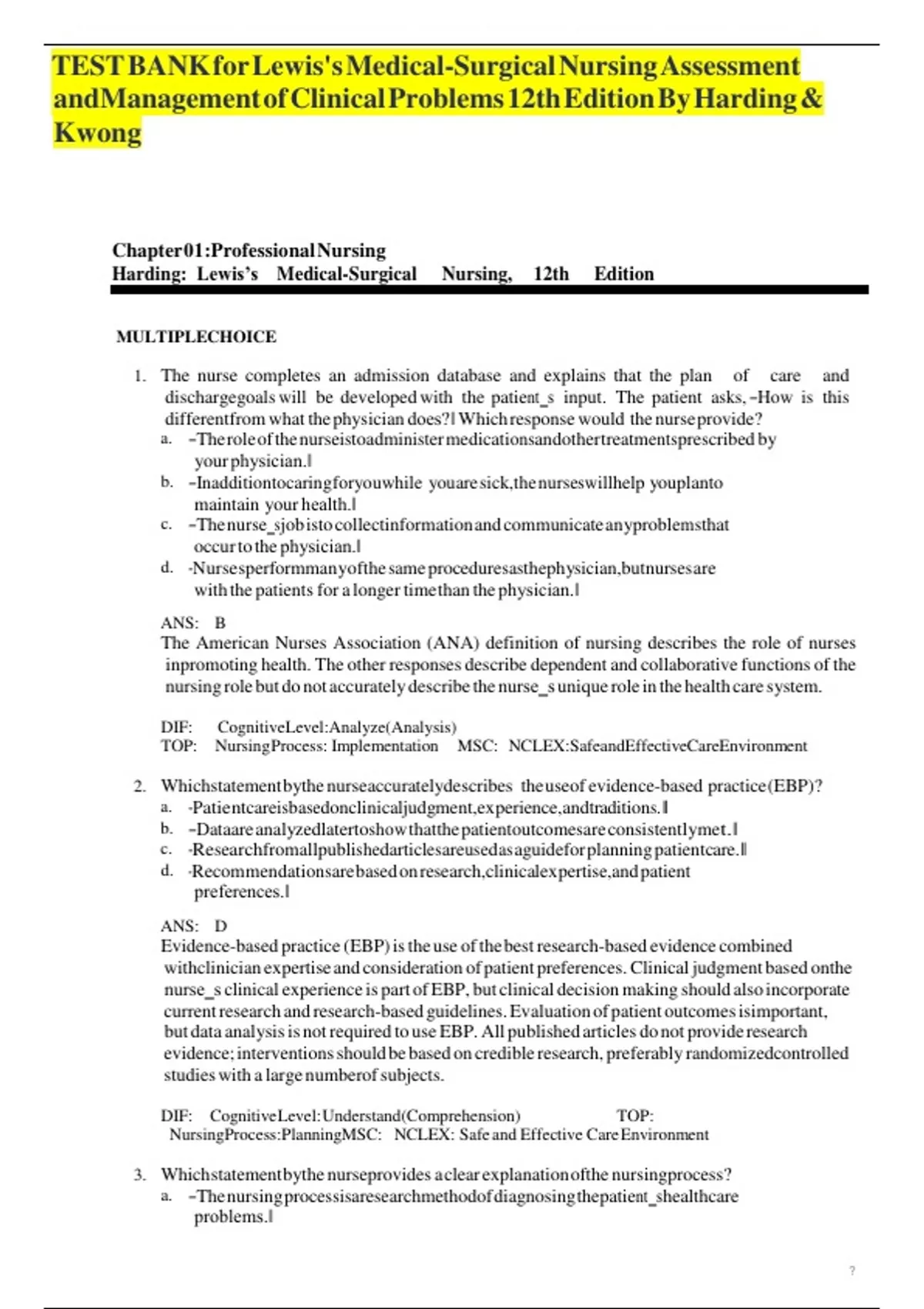 TEST BANK FOR Lewis's Medical-Surgical Nursing: Assessment and ...