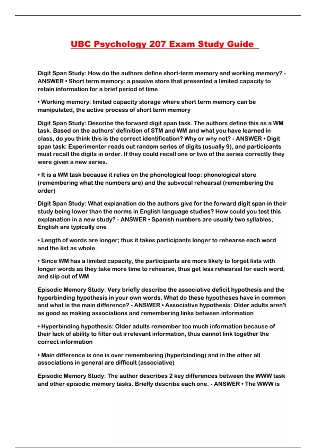 UBC Psychology 207 Exam Study Guide - UBC Psychology 207 - Stuvia US