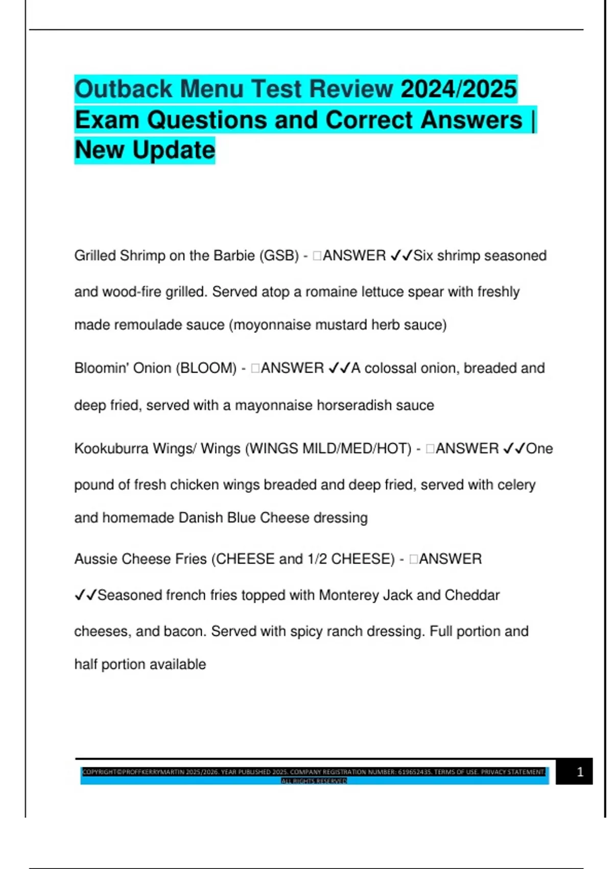 Outback Menu Test Review 2024/2025 Exam Questions and Correct Answers ...