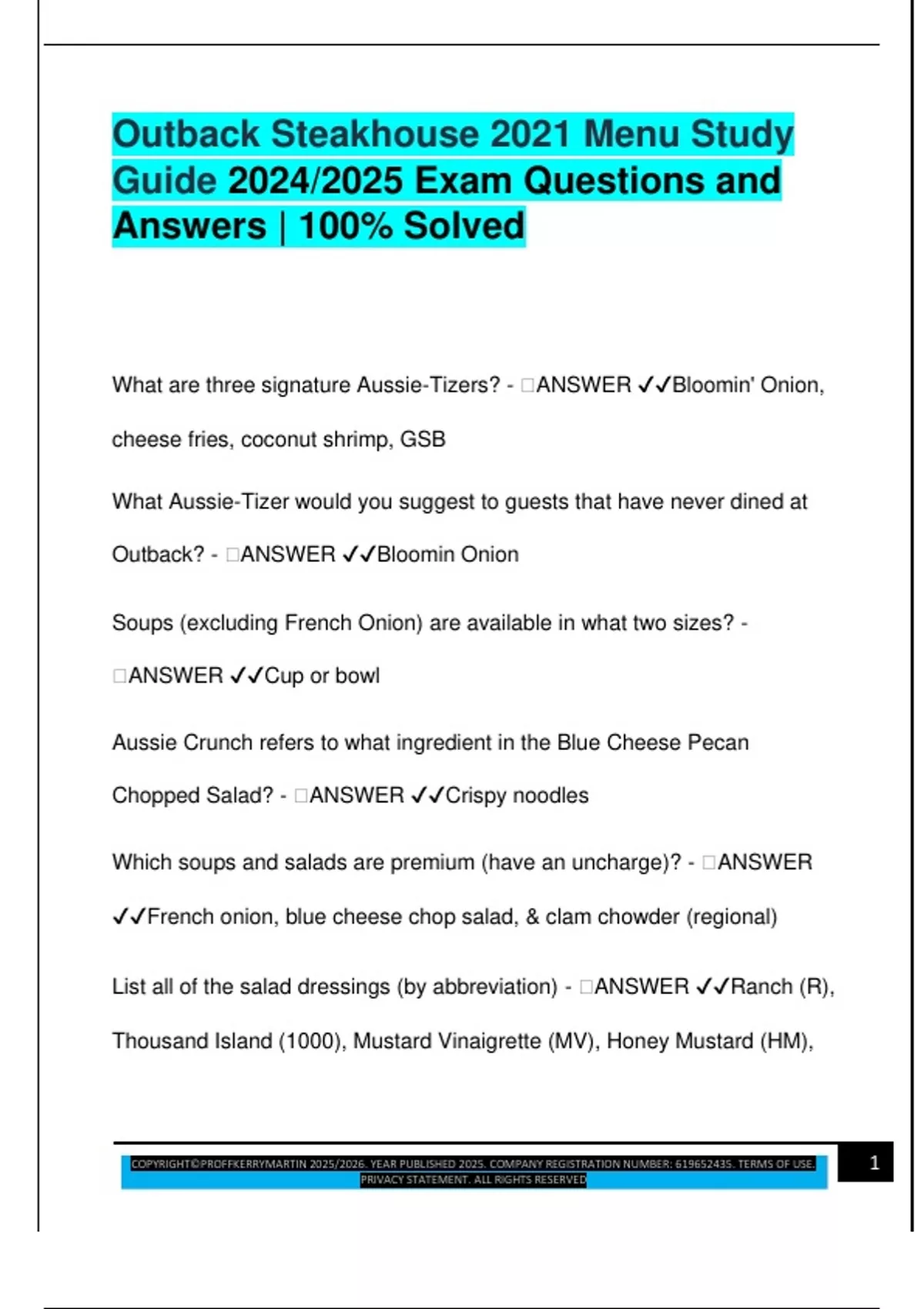 Outback Steakhouse 2021 Menu Study Guide 2024/2025 Exam Questions and ...