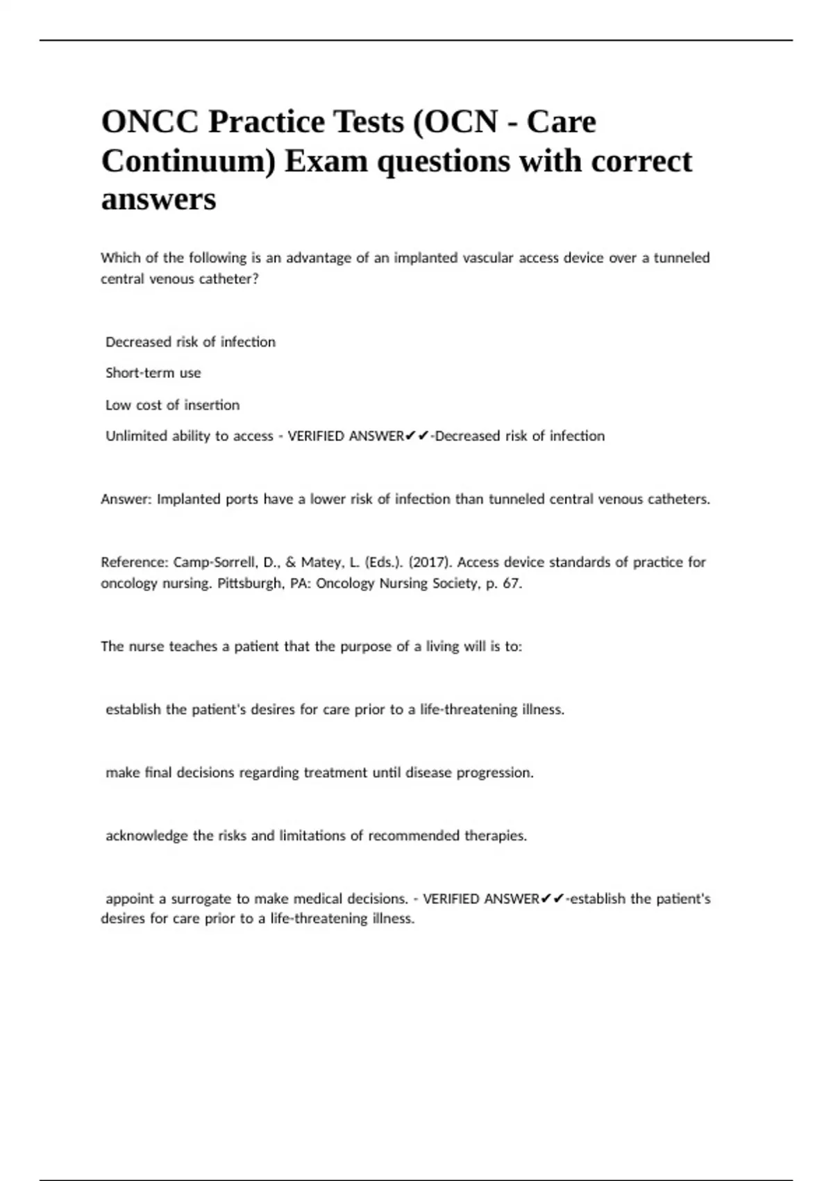 ONCC Practice Tests (OCN - Care Continuum) Exam questions with correct ...