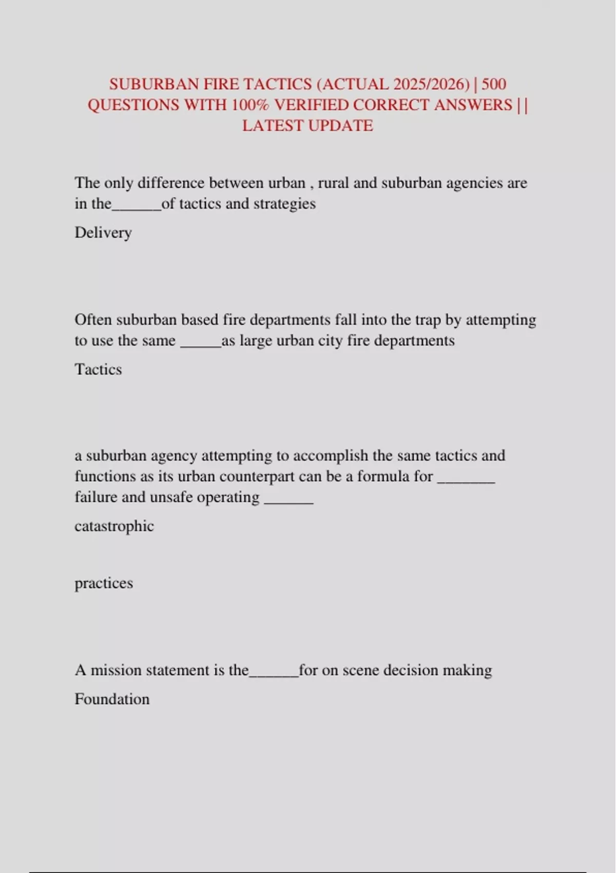 SUBURBAN FIRE TACTICS (ACTUAL 2025/2026) | 500 QUESTIONS WITH 100% ...