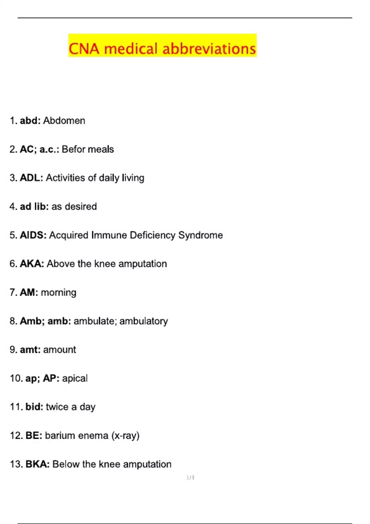 CNA Medical Abbreviations (Latest 2025 / 2026 Update) Questions and ...