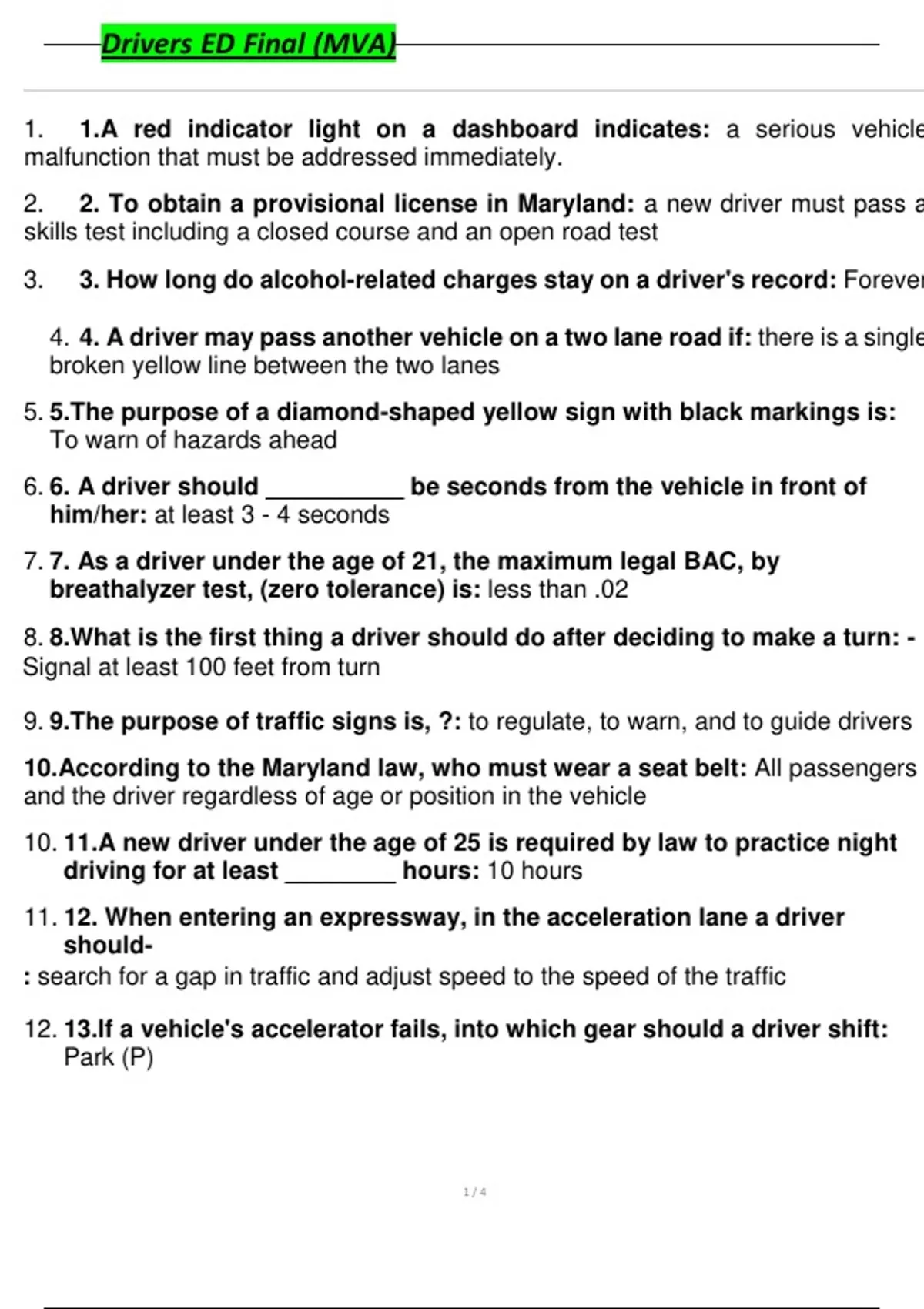 Drivers ed final (mva) expert verified actual questions & answers for ...