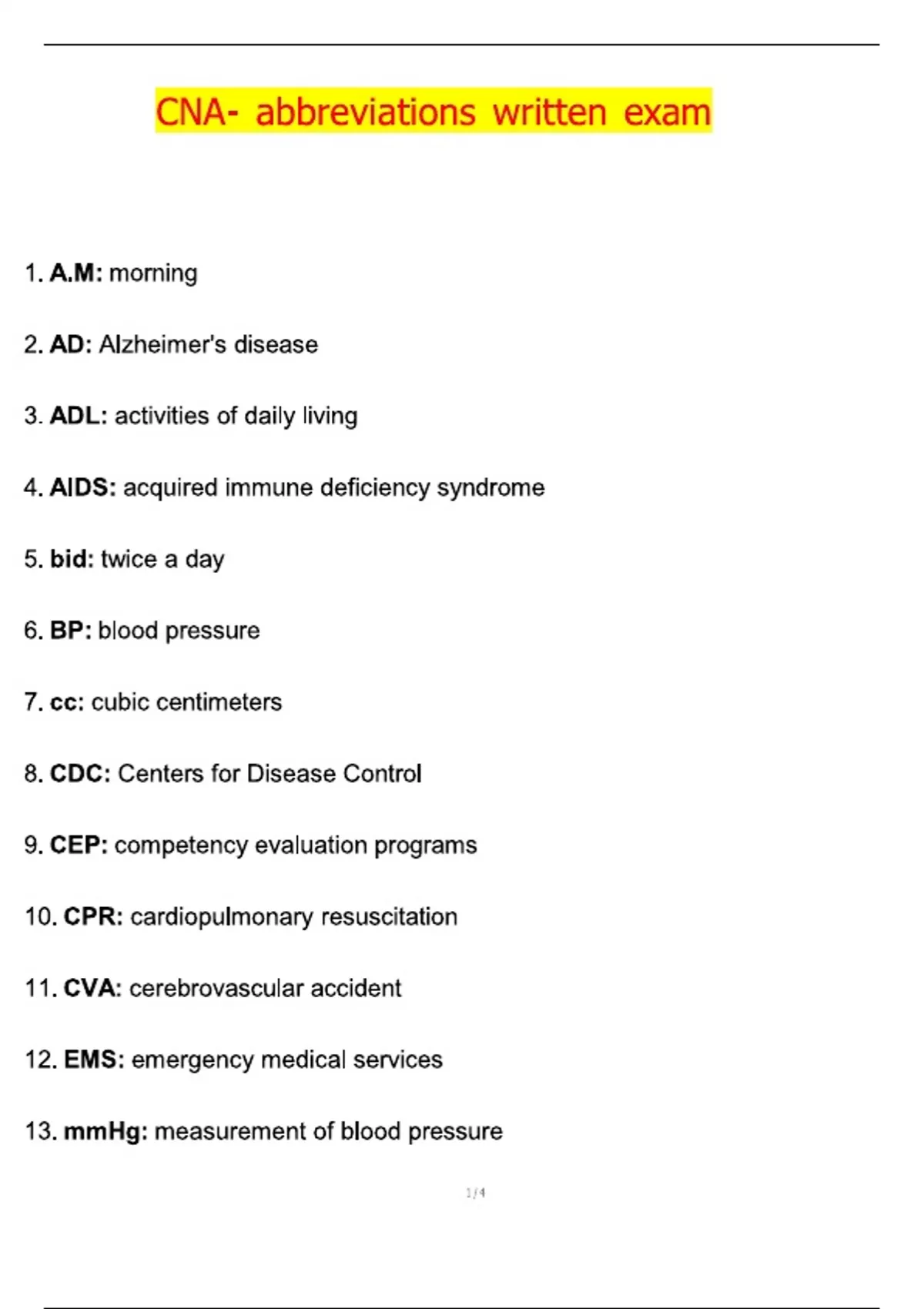 CNA Abbreviations Written Exam (Latest 2025 / 2026 Update) Questions ...