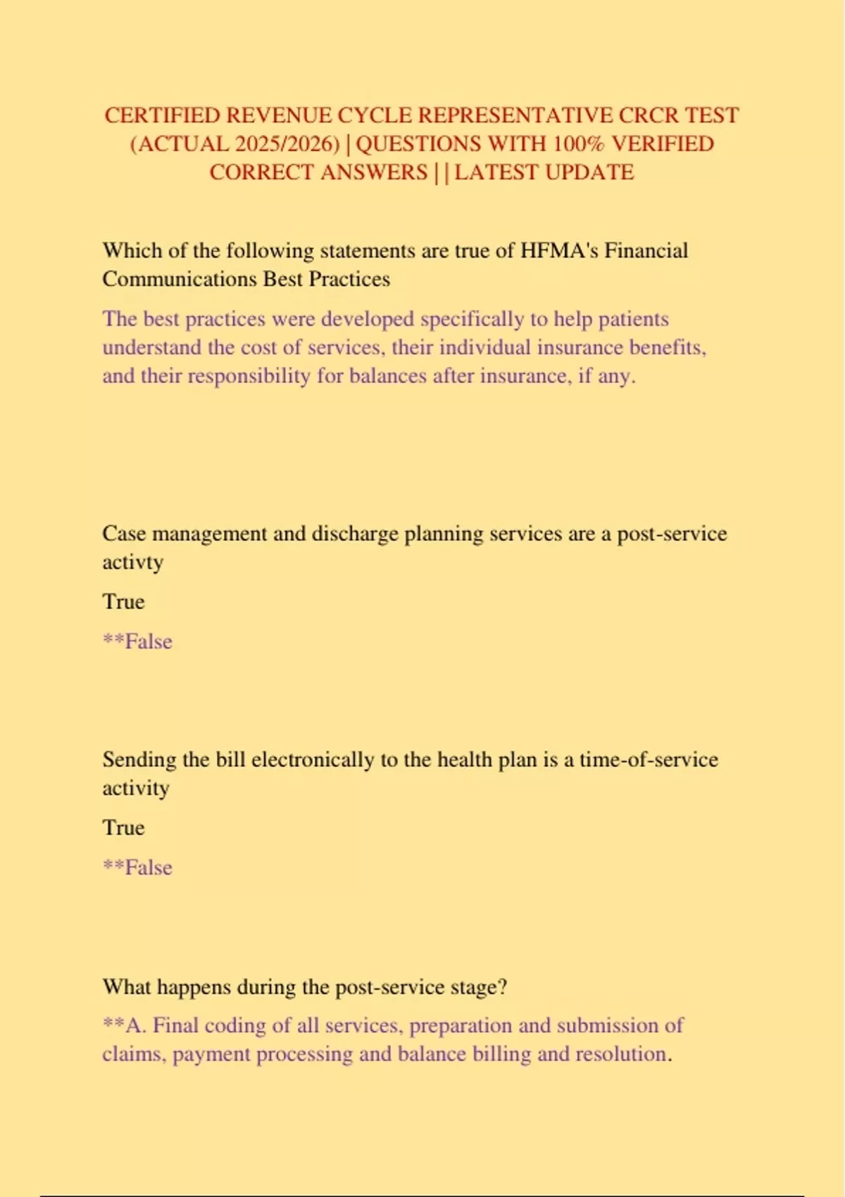 CERTIFIED REVENUE CYCLE REPRESENTATIVE CRCR TEST (ACTUAL 2025/2026 ...