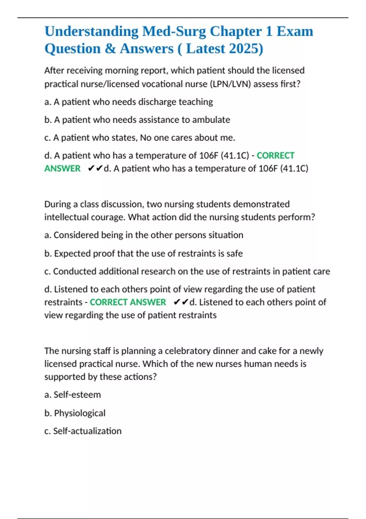 Understanding Med-Surg Chapter 1 Exam Question & Answers ( Latest 2025 ...