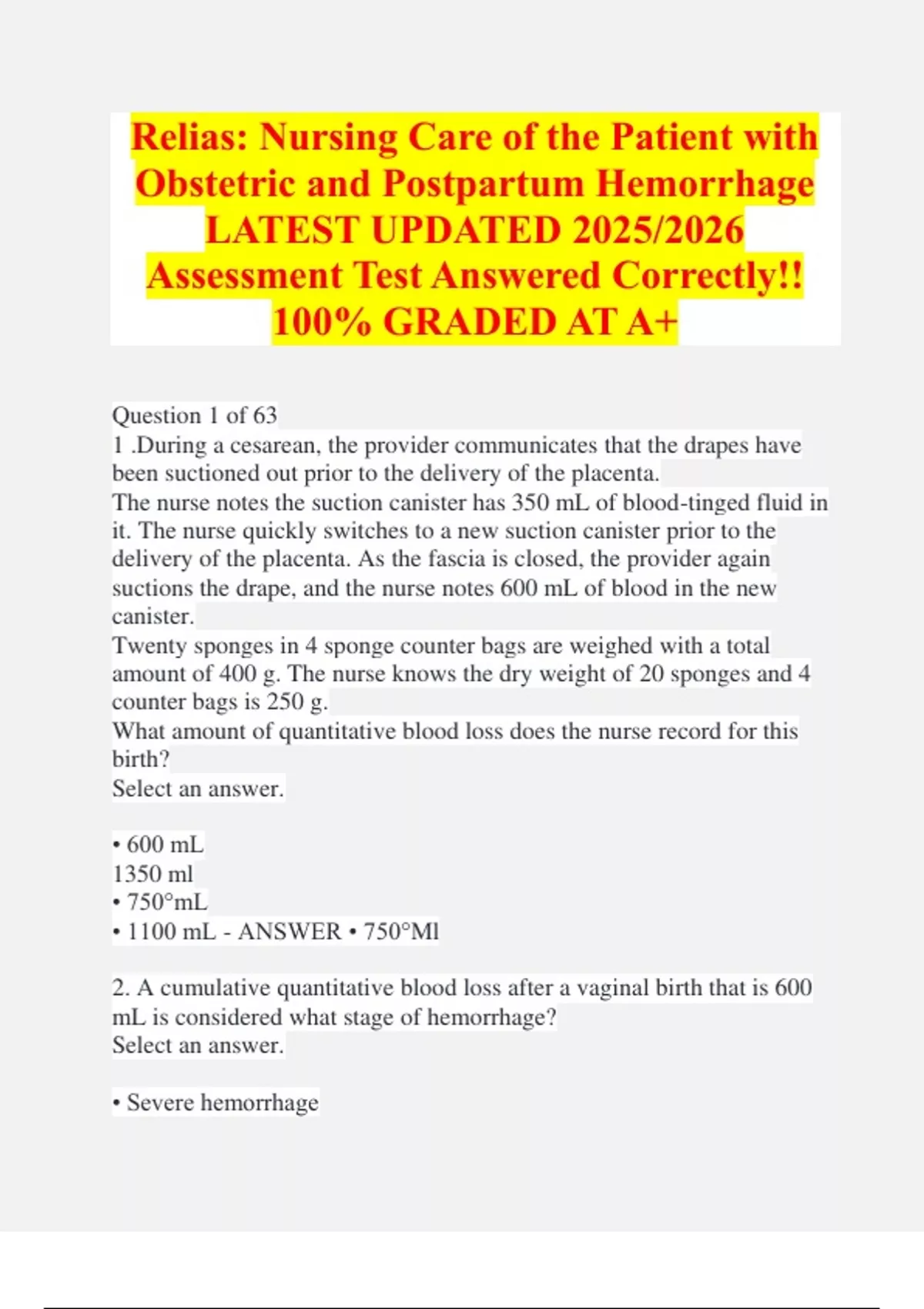 Relias: Nursing Care of the Patient with Obstetric and Postpartum ...