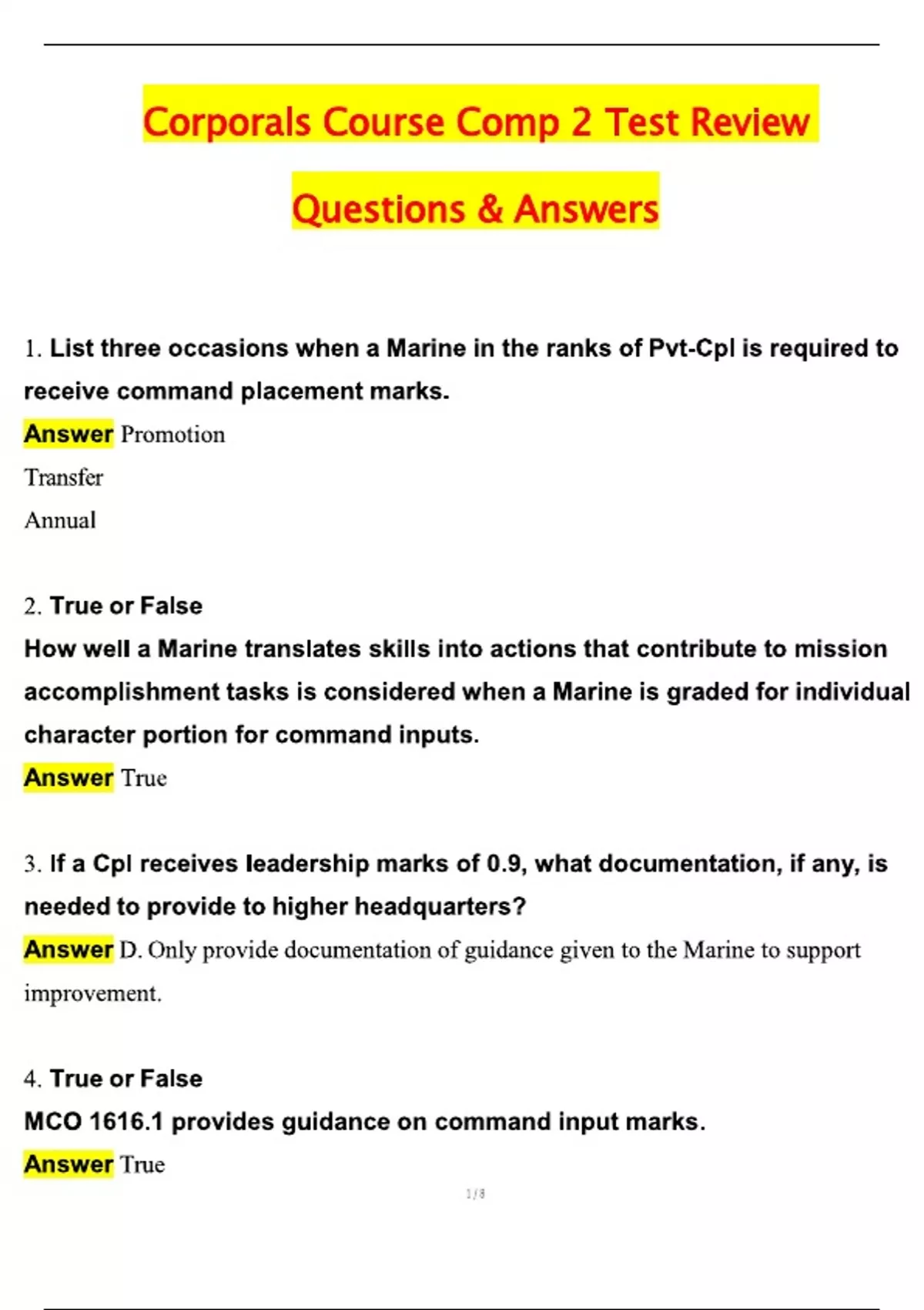Corporals Course Comp 2 Test Review (Latest 2025 / 2026 Update ...