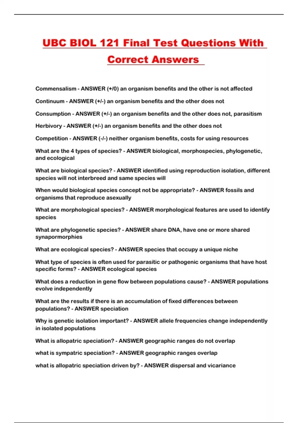 UBC BIOL 121 Final Test Questions With Correct Answers - UBC BIOL 121 ...