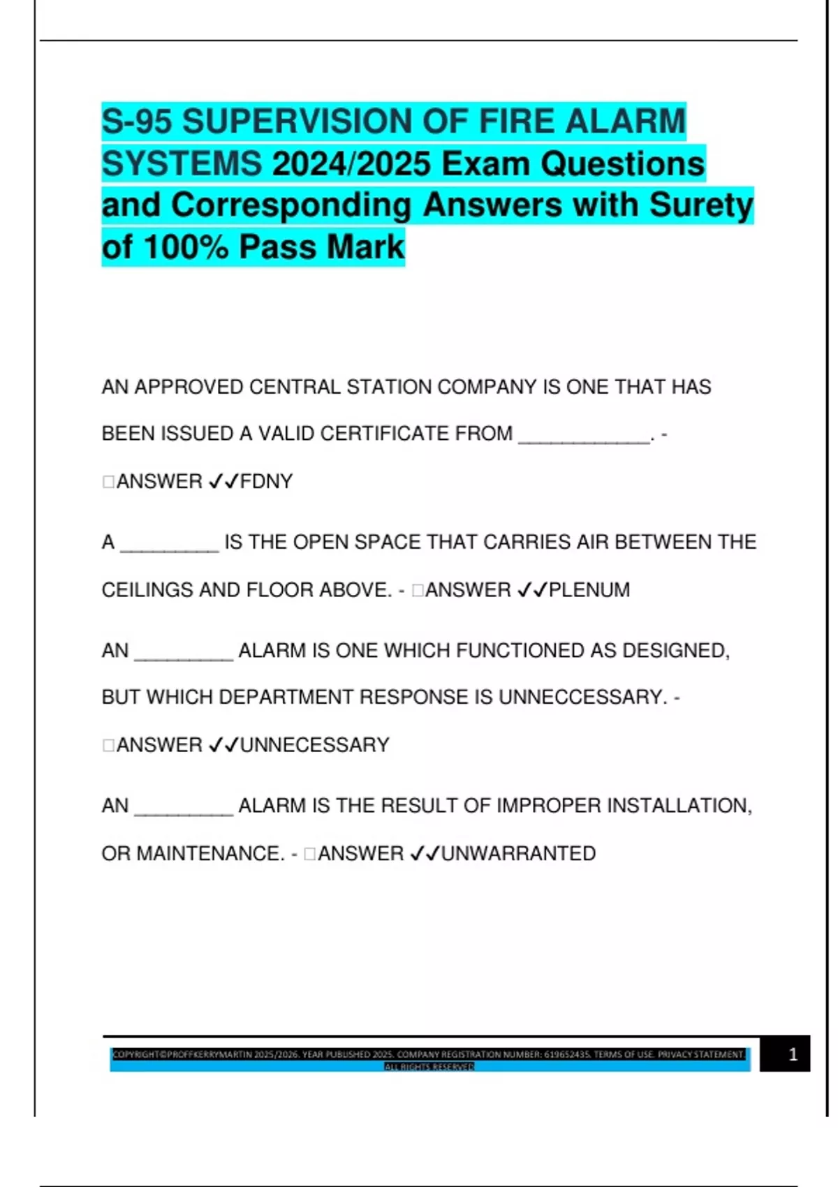 S-95 SUPERVISION OF FIRE ALARM SYSTEMS 2024/2025 Exam Questions and ...