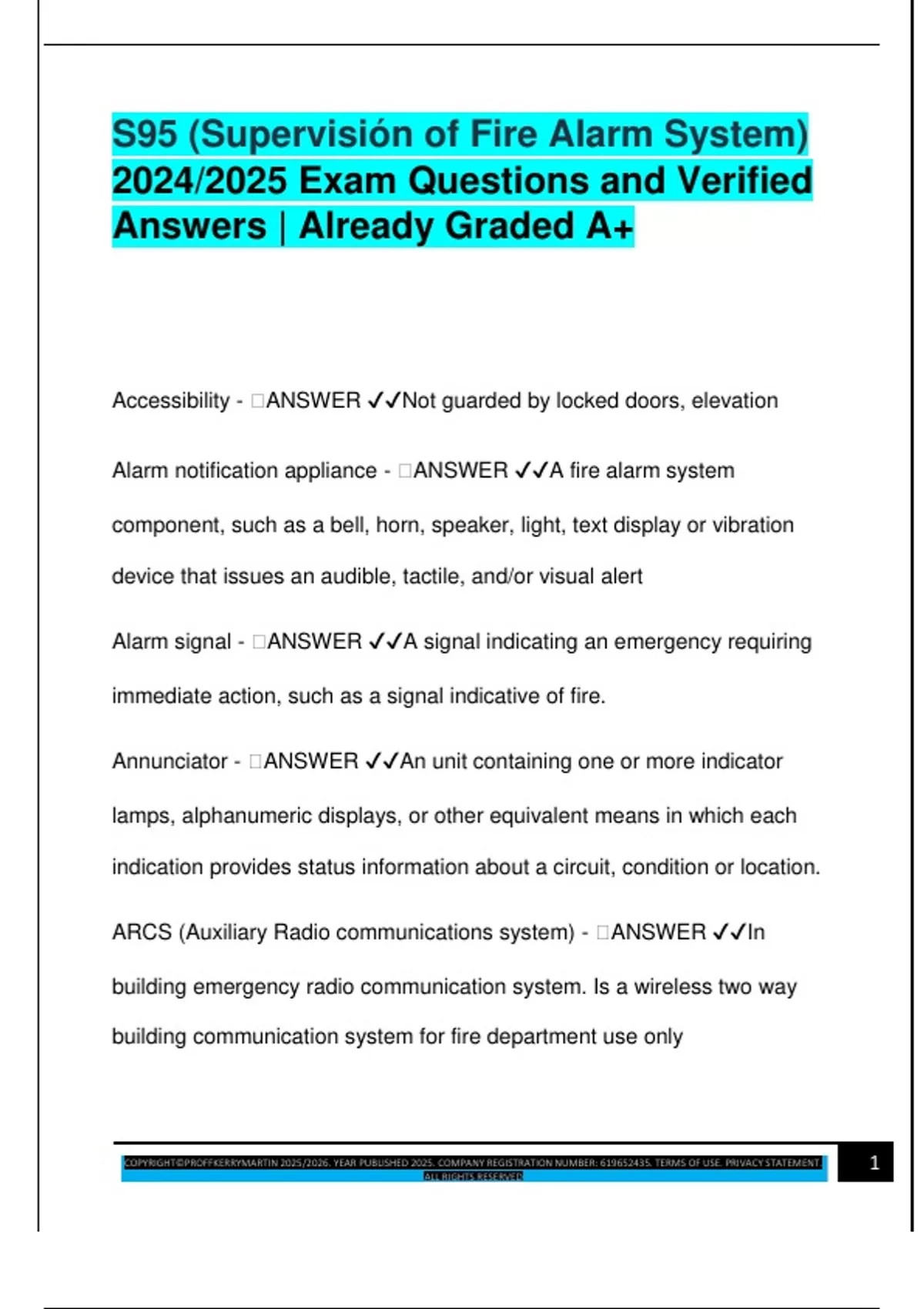 S95 (Supervisión of Fire Alarm System) 2024/2025 Exam Questions and ...